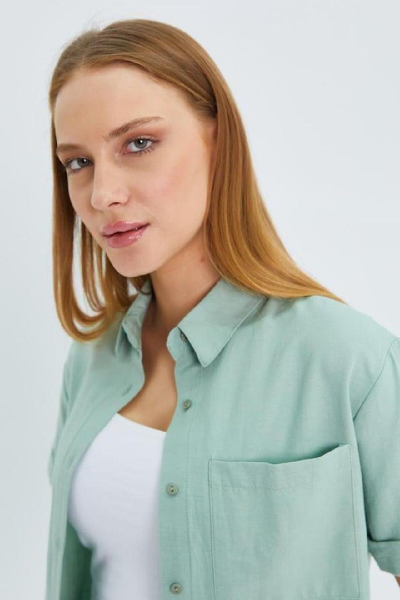 HiCCUP - Sage Green Mixray Slim Fit Poplin Shirt With Pocket Women