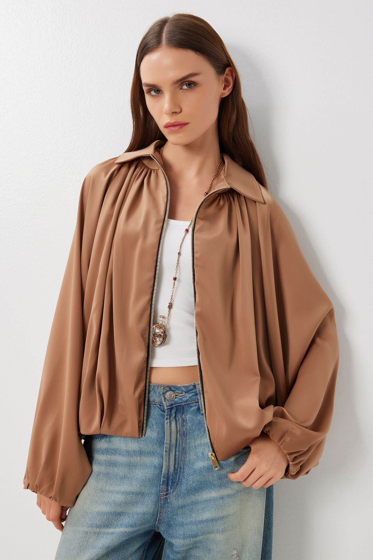 HiCCUP - Camel Brown Istanbul Satin Weave Bomber Jacket With Zipper ...
