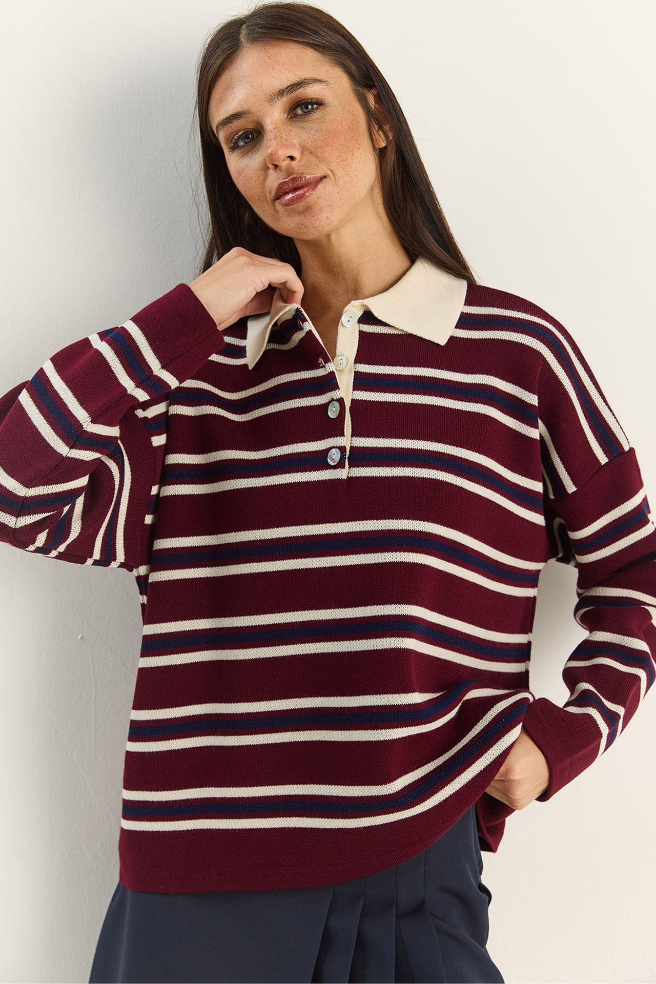 HiCCUP - Burgundy Red Lucci Striped Polo Collar Button Sweater Women