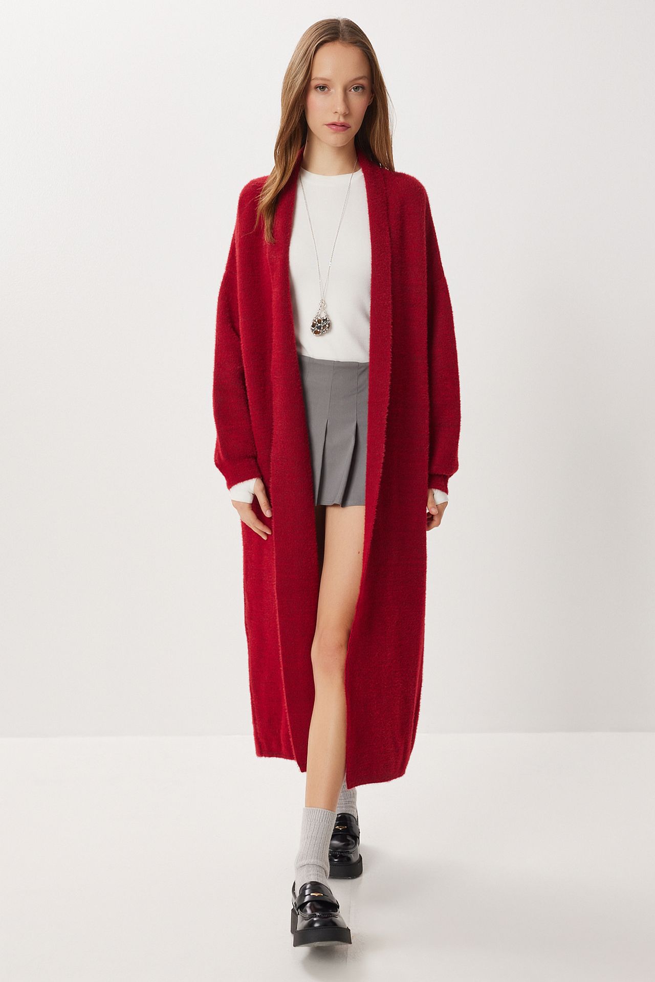 HiCCUP - Burgundy Red Istanbul Relaxed Fit Ribbed Long Cardigan Women