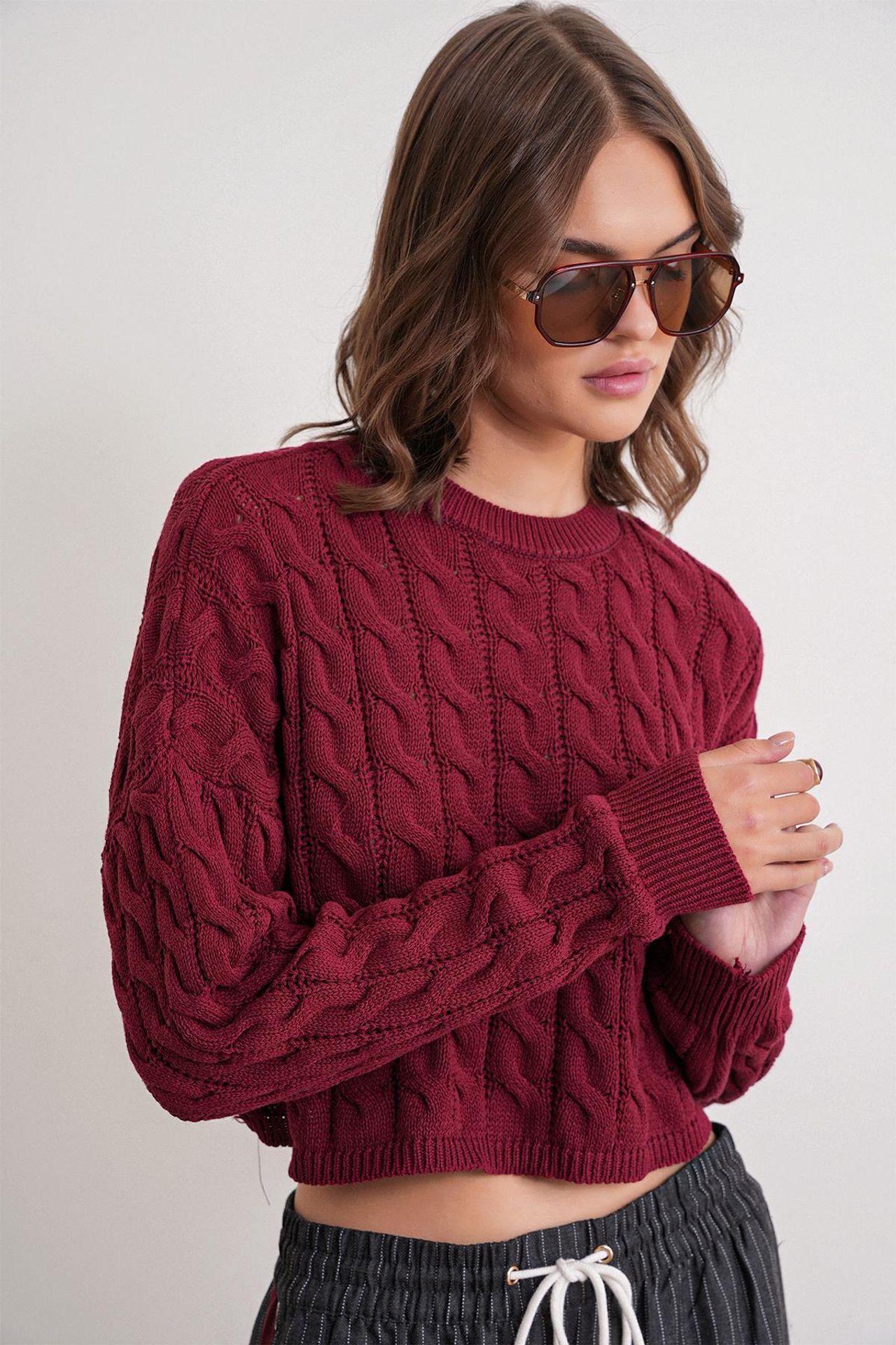 HiCCUP - Burgundy Red Mixray Cable Knit Pattern Crew Neck Sweater Women