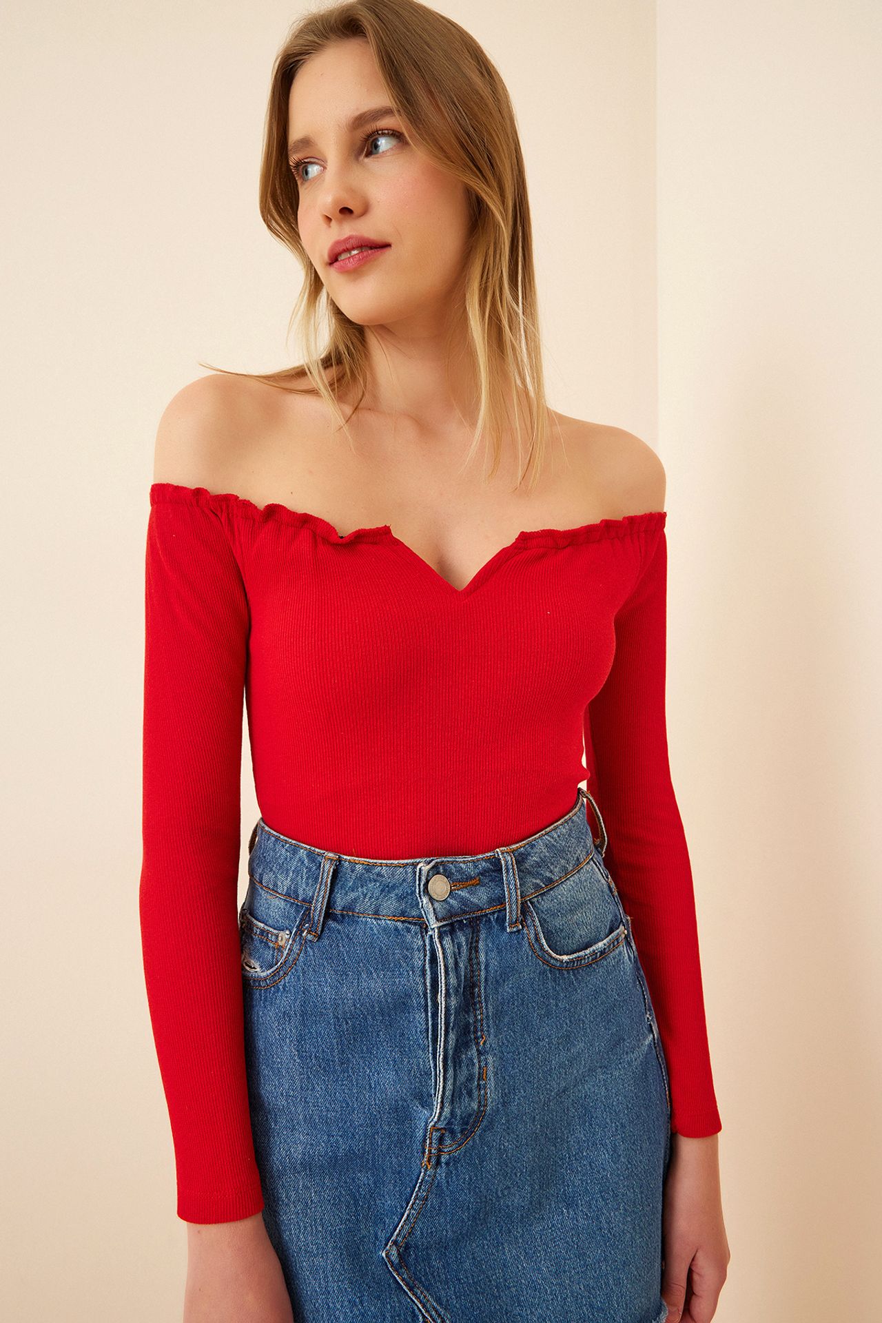HiCCUP - Red Istanbul Textured Ruffle Heart Collar Blouse Women
