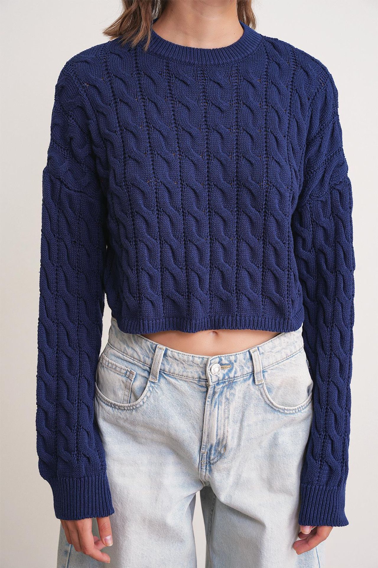 HiCCUP - Navy Blue Mixray Cable Knit Pattern Crew Neck Sweater Women