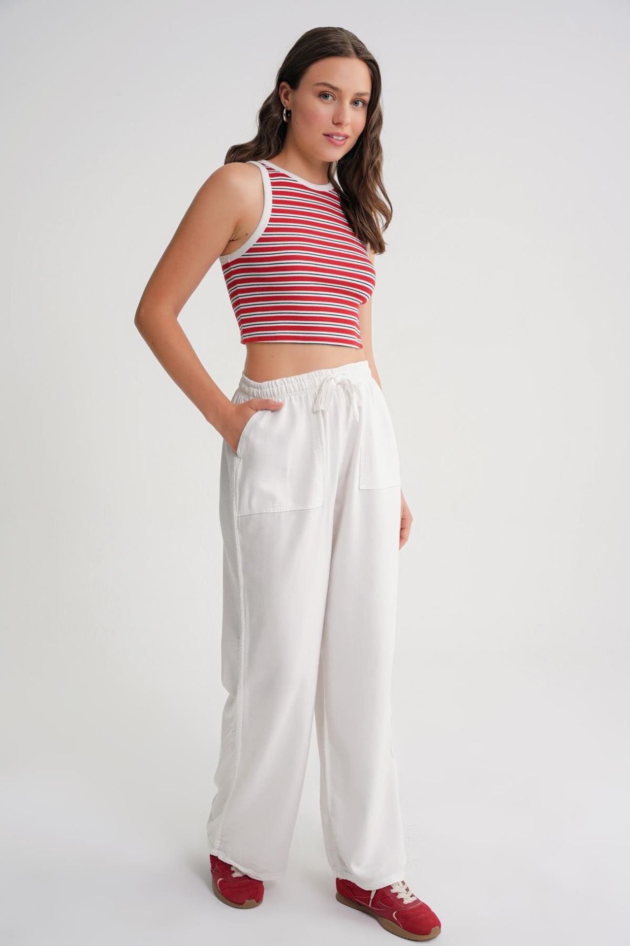 HiCCUP - White Mixray Elastic Waist Straight Leg Pants Women