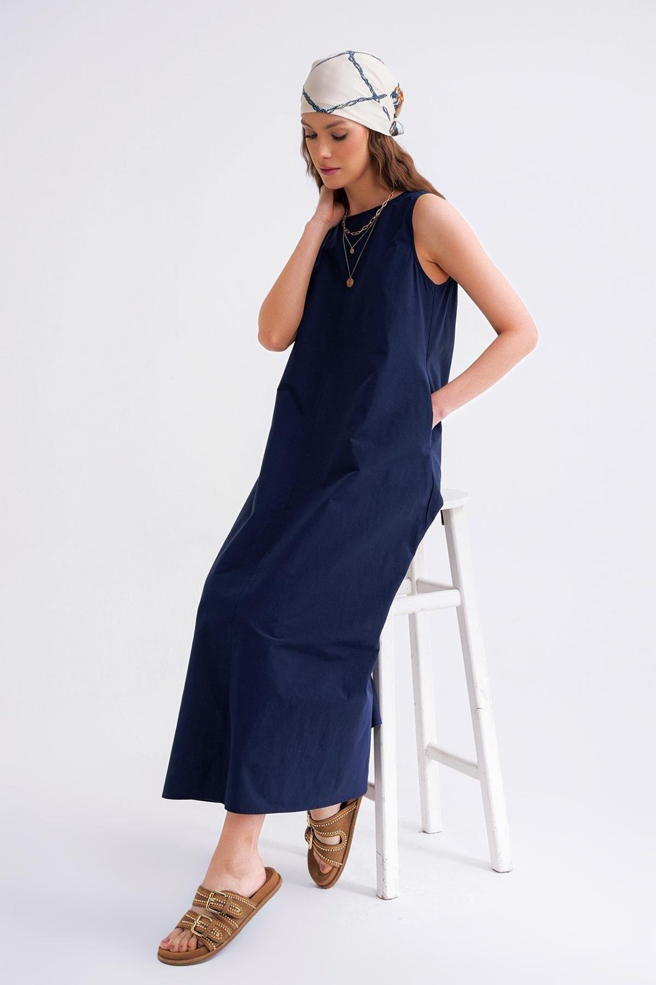 HiCCUP - Navy Blue Mixray Relaxed Fit Maxi Dress With Button Closure ...