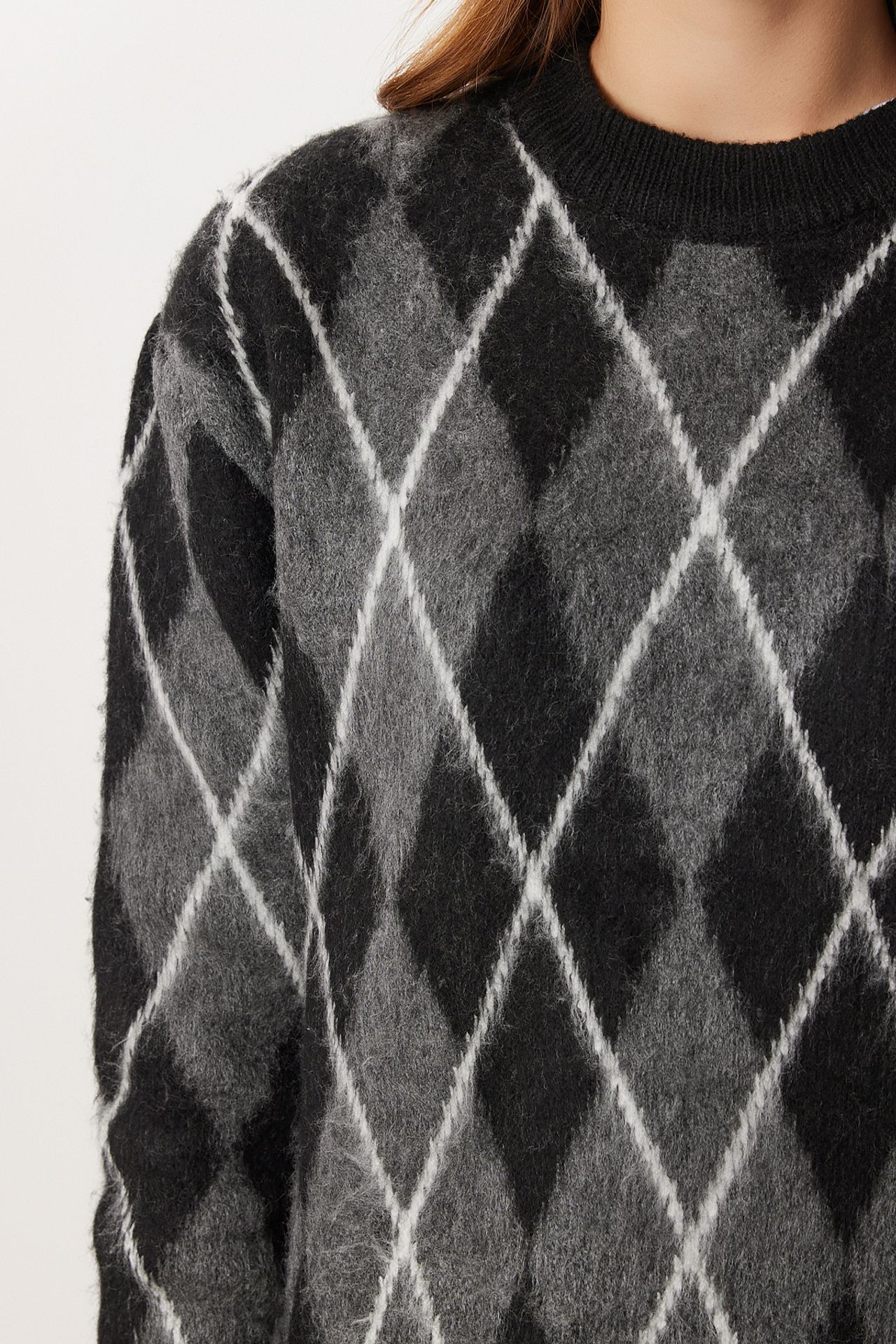 HiCCUP - Grey Istanbul Oversized Knit Sweater With Argyle Pattern Women