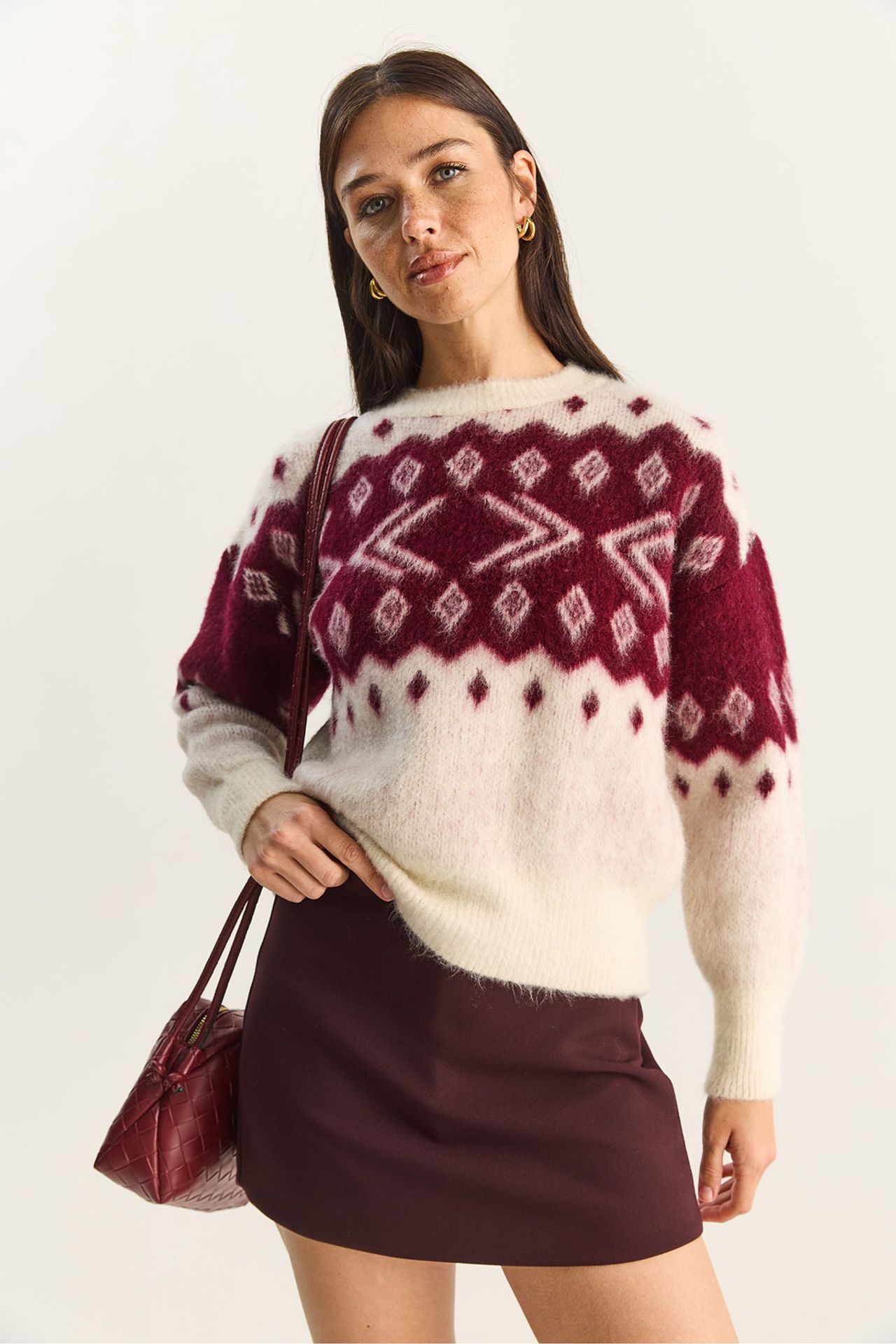 HiCCUP - Red Lucci Ethnic Pattern Thick Knit Sweater With Crew Neck Women