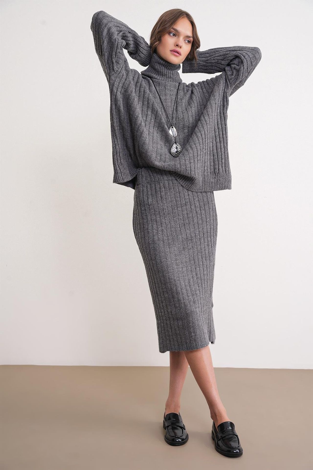HiCCUP - Dark Grey Mixray High Waist Ribbed Knit Skirt Women