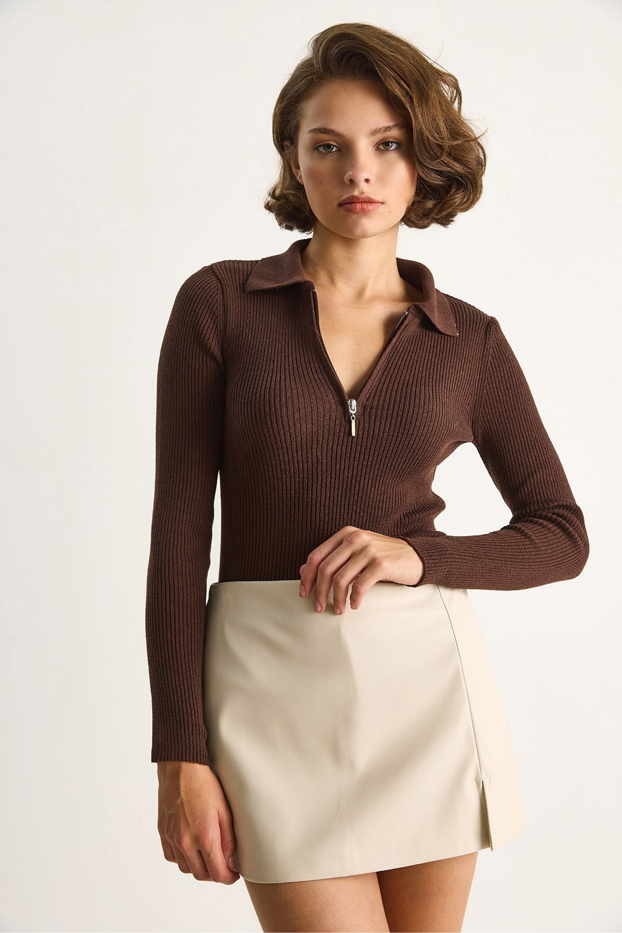 HiCCUP - Dark Mocha Brown Lucci Sweater With Zipper Collar Women