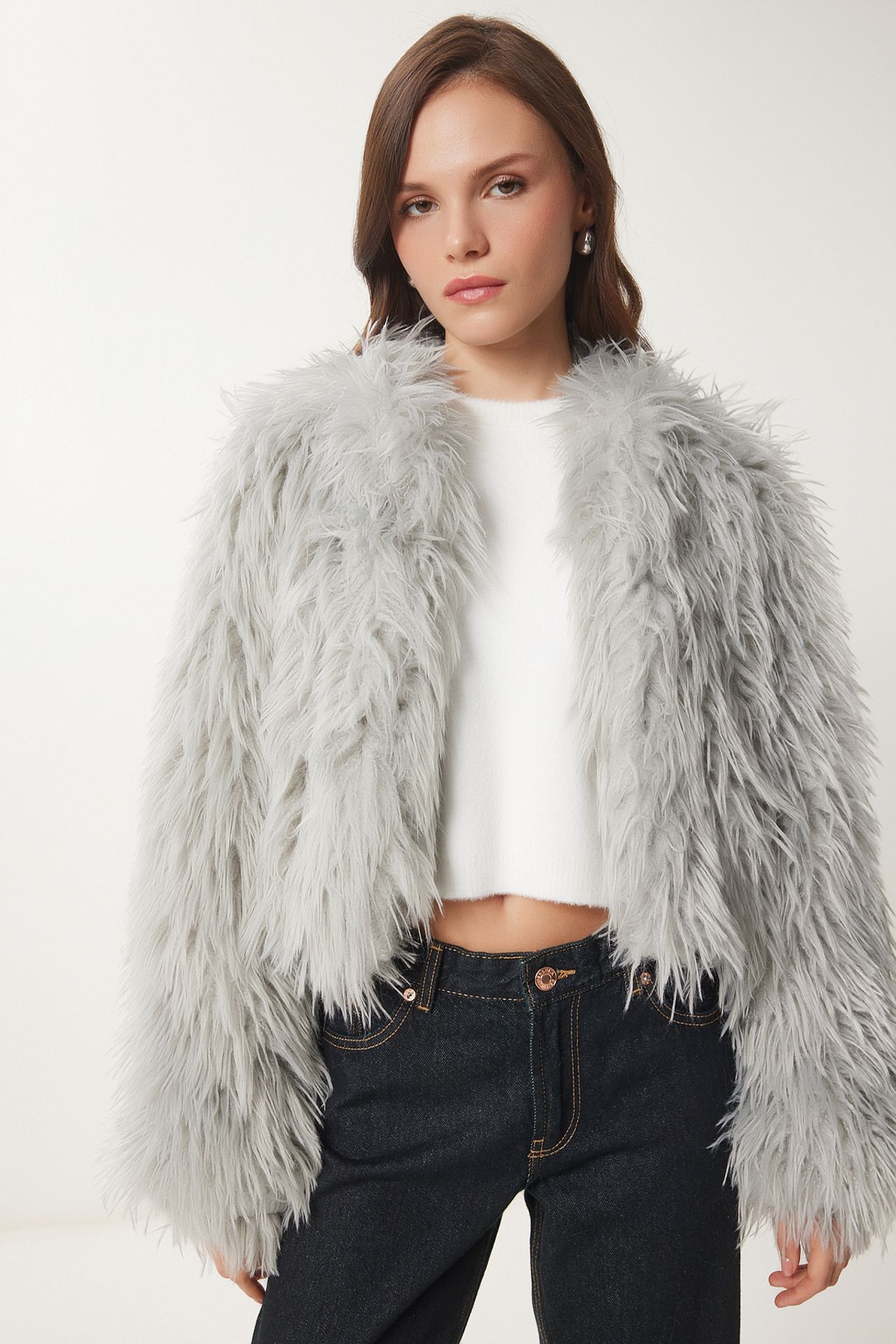 HiCCUP - Grey Istanbul Textured Plush Faux Fur Jacket Women