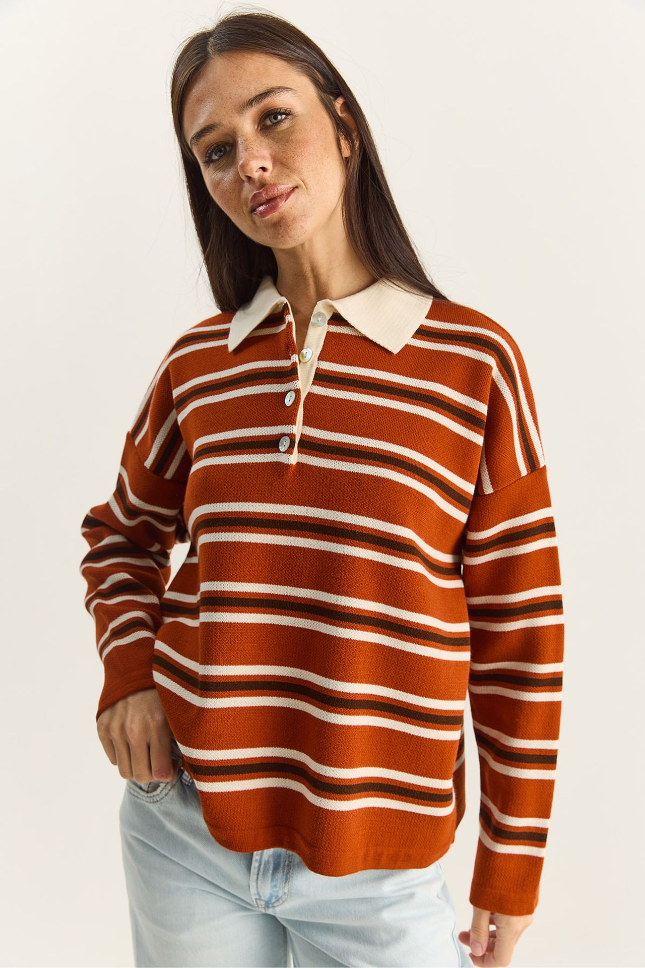 HiCCUP - Brick Red Lucci Striped Polo Collar Button Sweater Women