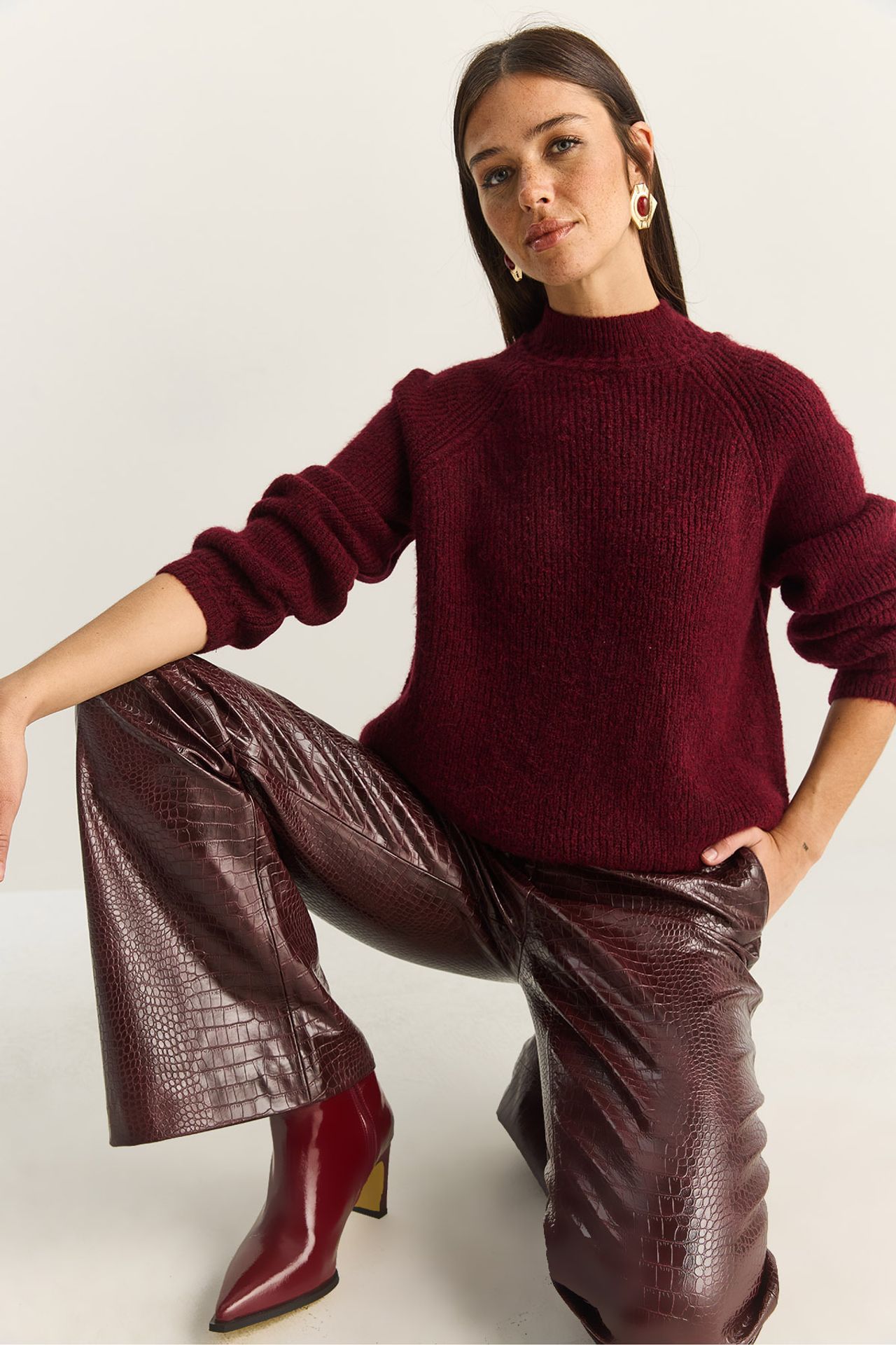 HiCCUP - Burgundy Red Lucci Oversized Crew Neck Knit Sweater Women