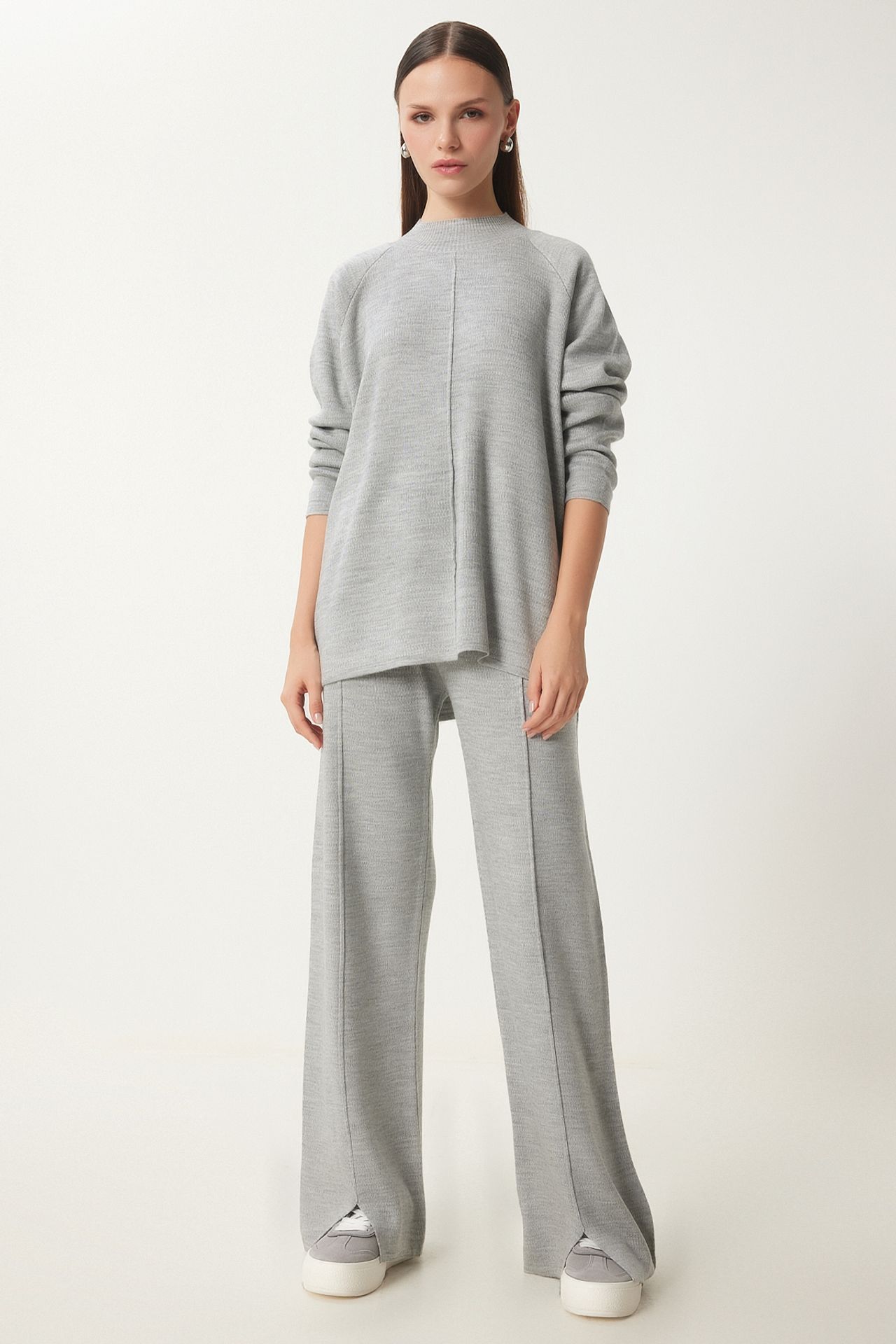 HiCCUP - Light Grey Istanbul Rib Detailed Knitted Two-piece Set Women