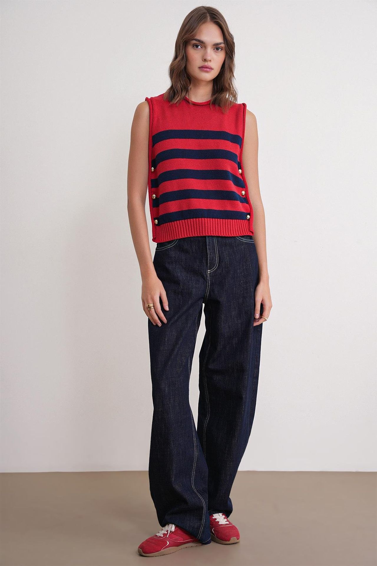 HiCCUP - Red Mixray Striped Knit Top With Button Detail Women