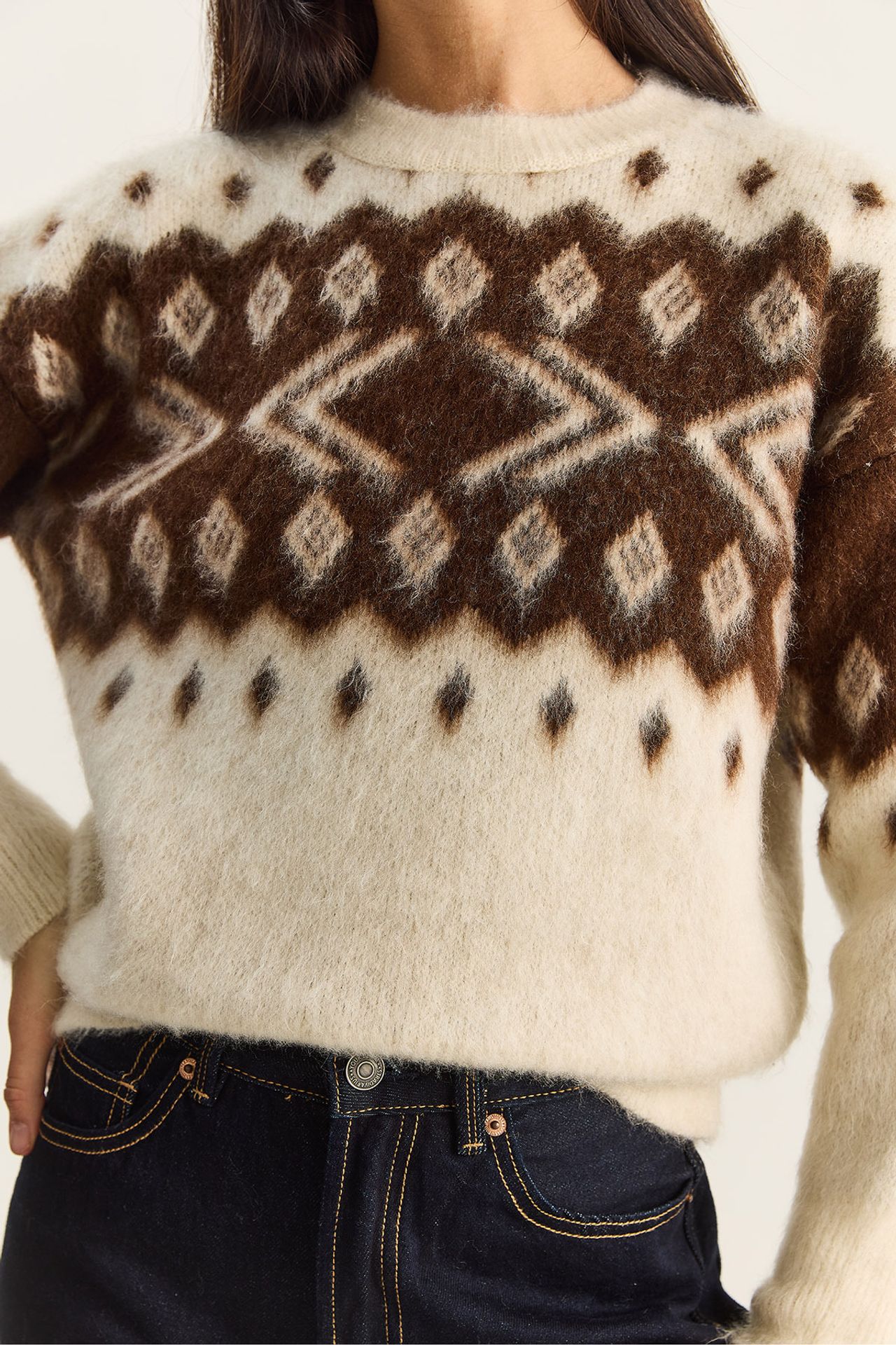 HiCCUP - Brown Lucci Ethnic Pattern Thick Knit Sweater With Crew Neck Women