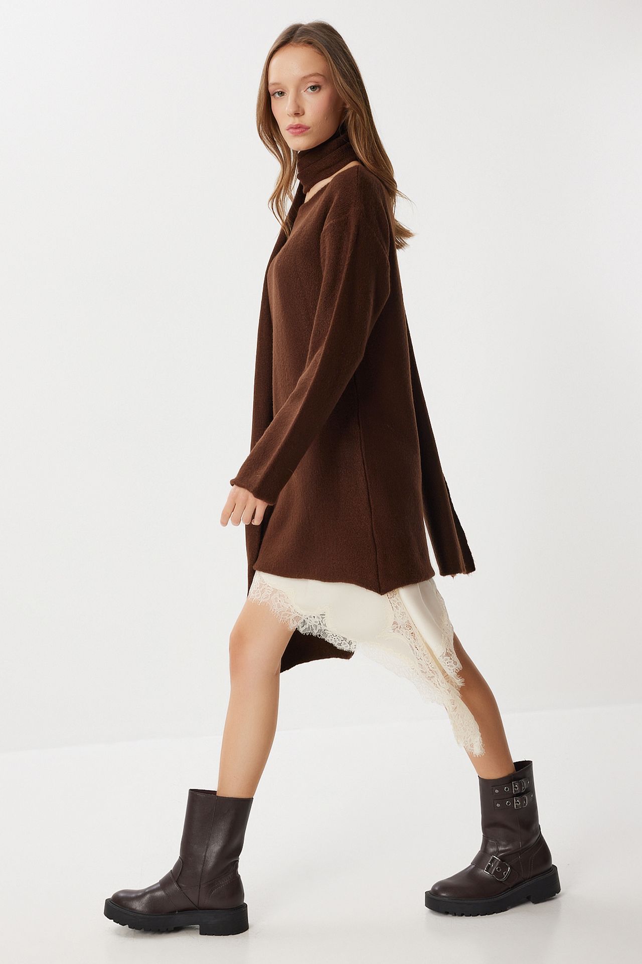 HiCCUP - Mocha Brown Istanbul Oversized Boat Neck Sweater With Scarf Women
