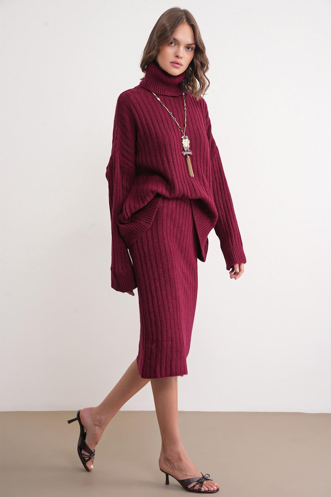 HiCCUP - Burgundy Red Mixray High Waist Ribbed Knit Skirt Women