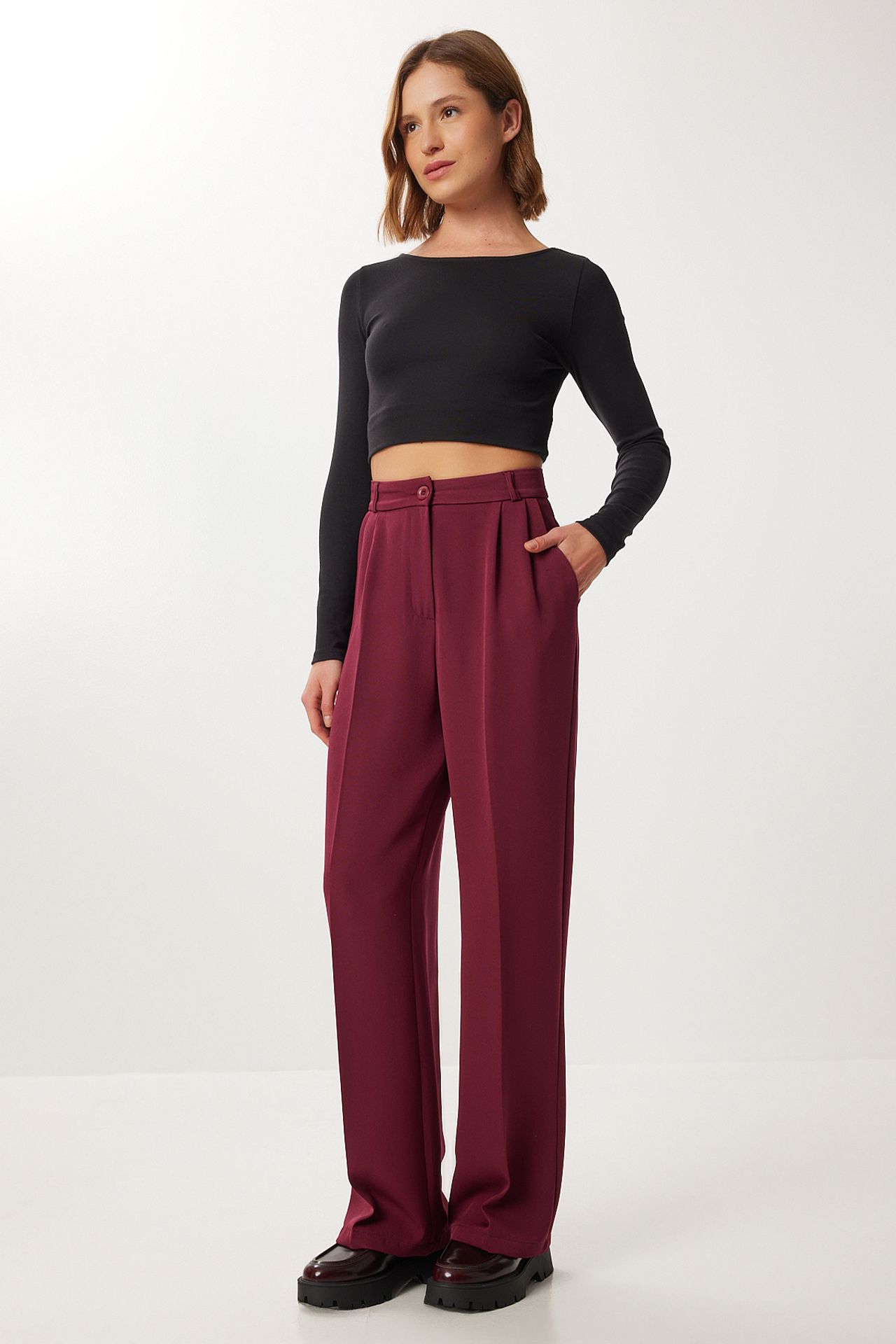 HiCCUP - Burgundy Red Istanbul High Waist Pleated Palazzo Pants Women