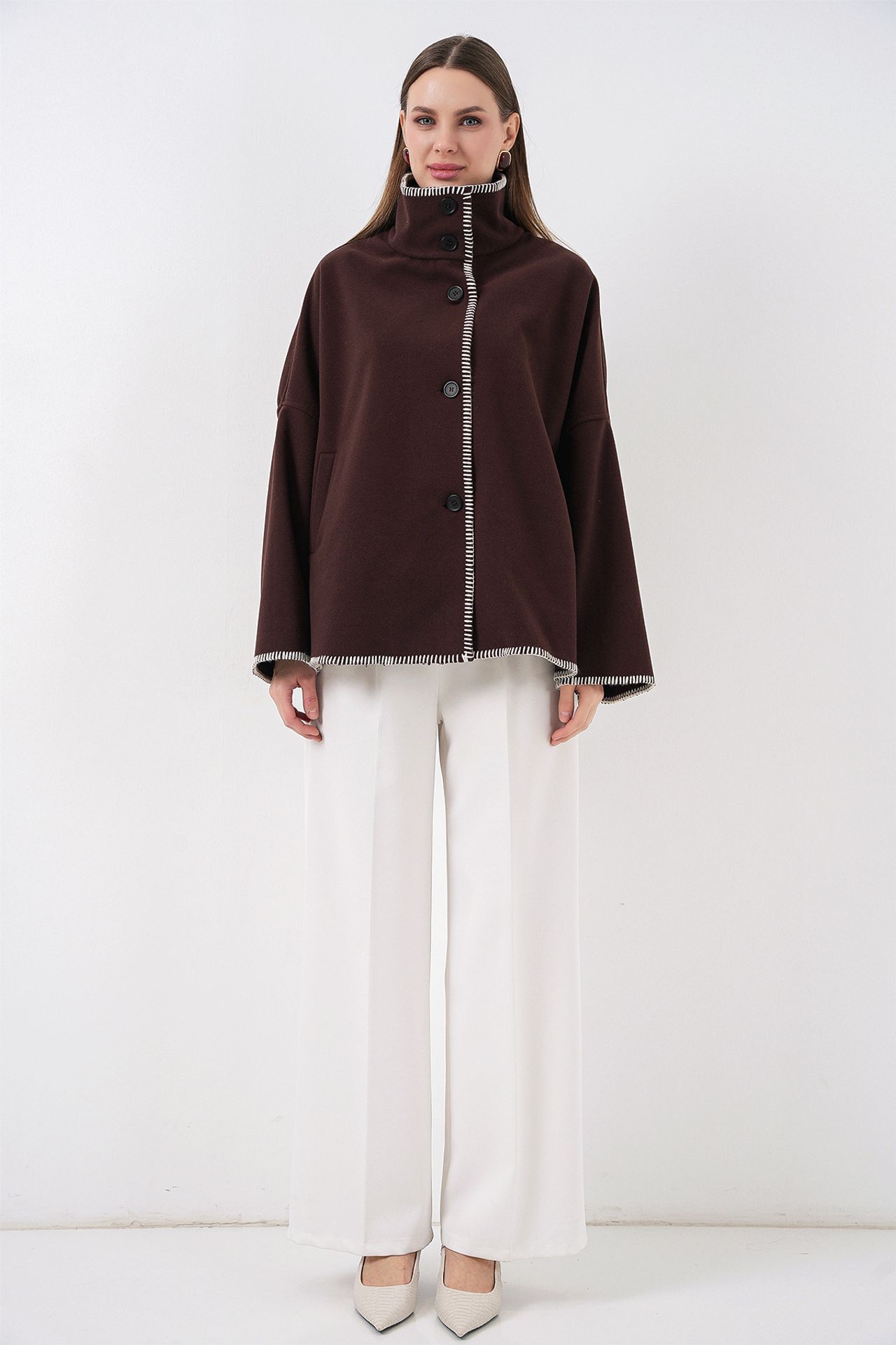 HiCCUP - Mocha Brown Bdart Textured Topstitch Detailed Jacket With Half ...