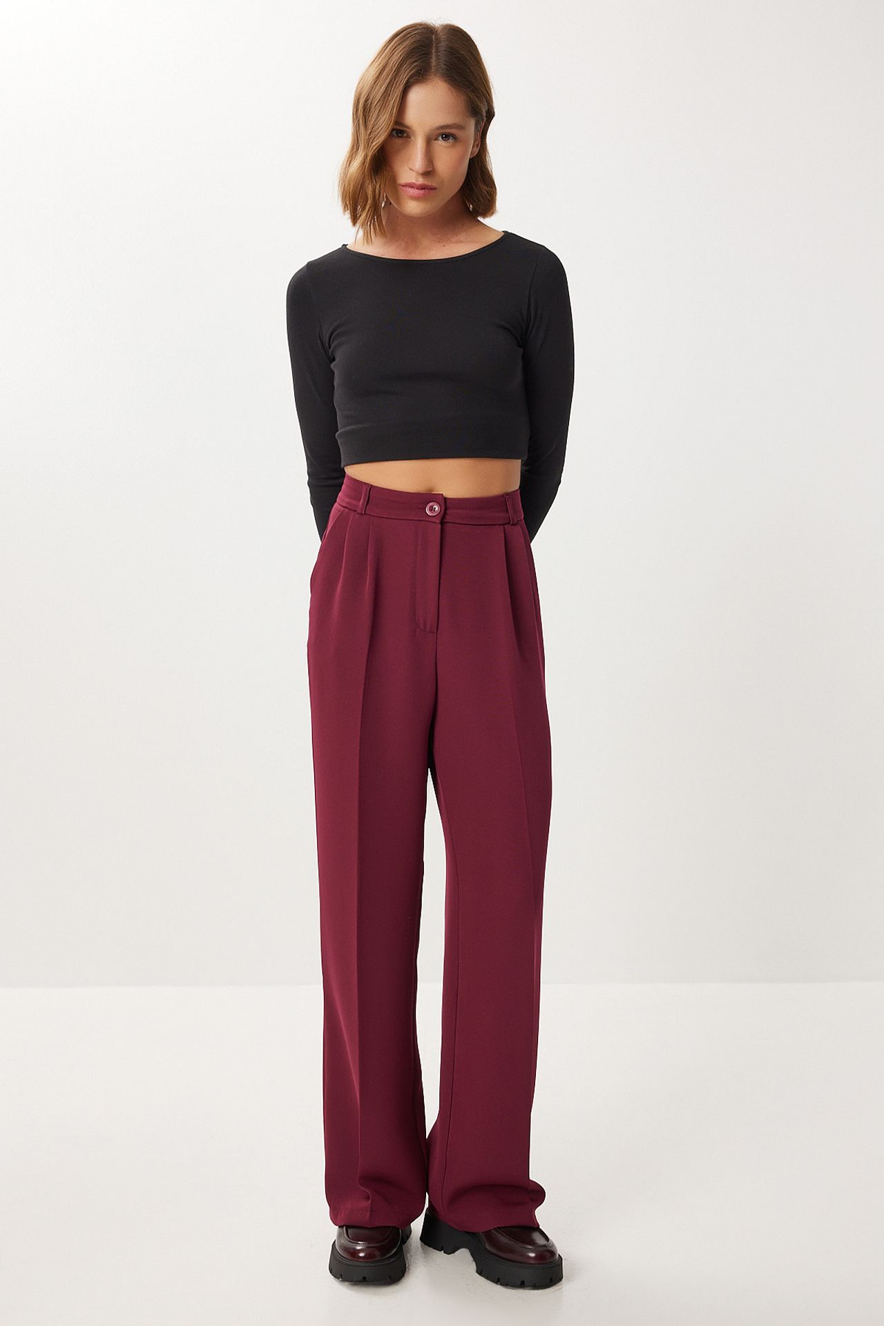 HiCCUP - Burgundy Red Istanbul High Waist Pleated Palazzo Pants Women