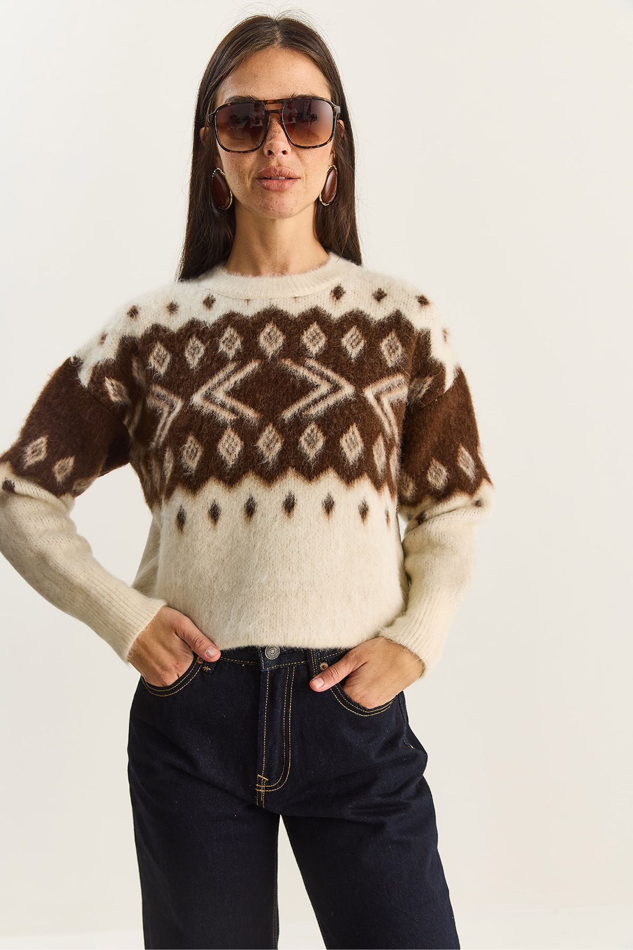 HiCCUP - Brown Lucci Ethnic Pattern Thick Knit Sweater With Crew Neck Women
