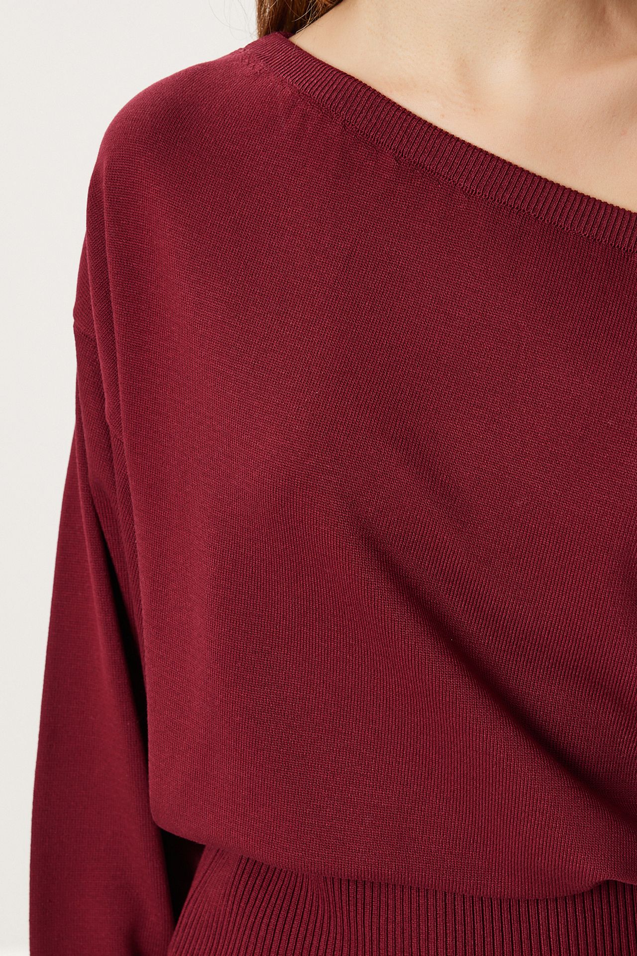 HiCCUP - Burgundy Red Istanbul Asymmetrical Collar Ribbed Knit Sweater ...