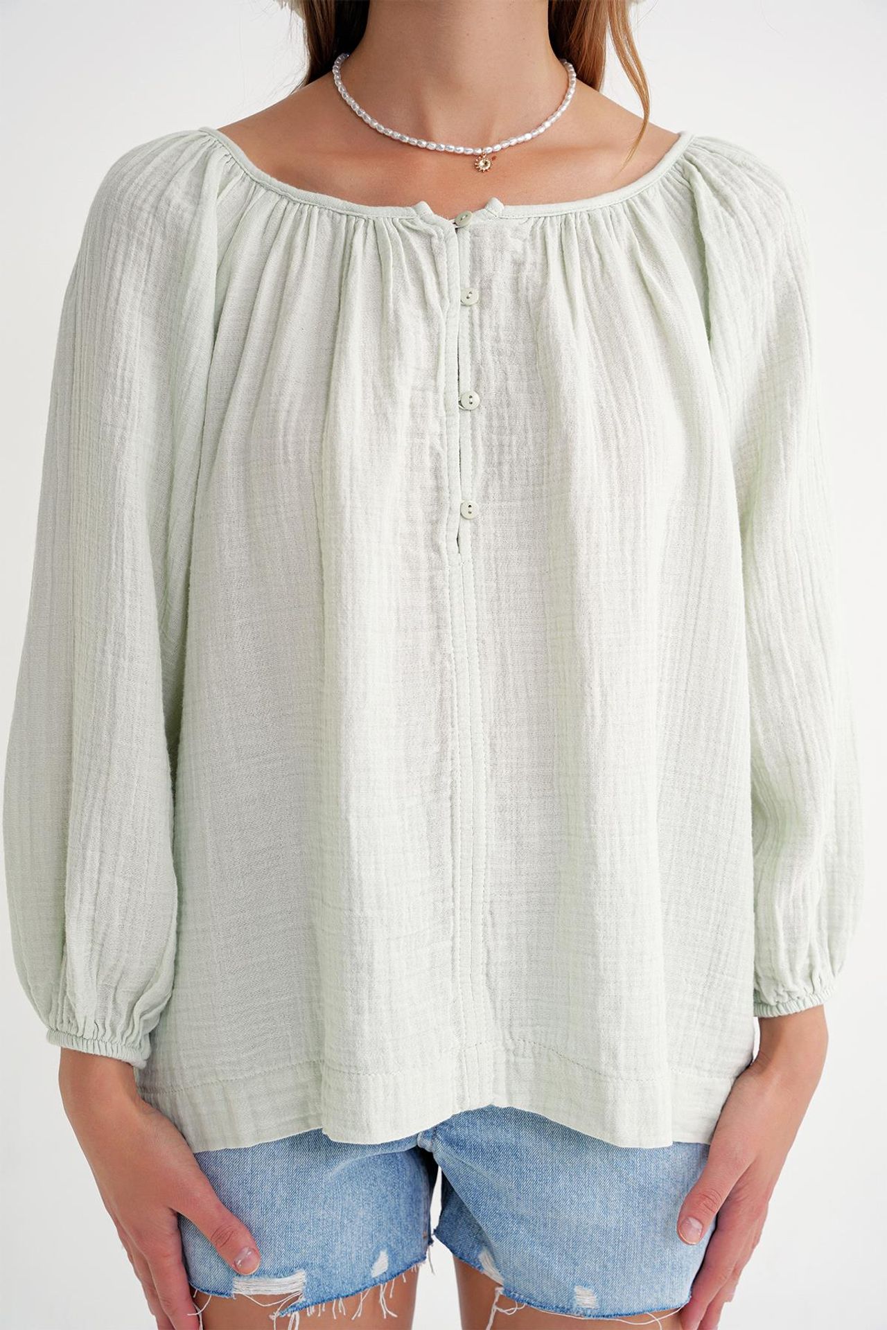 HiCCUP - Sage Green Mixray Buttoned Muslin Blouse Women