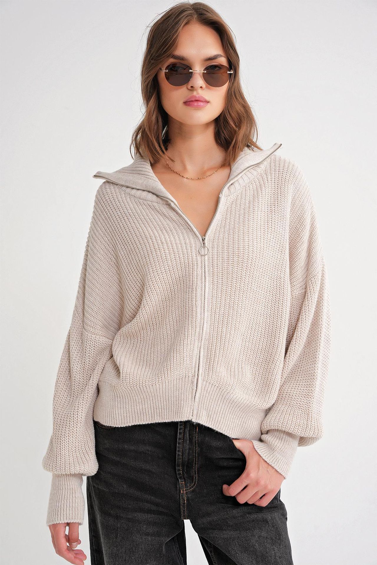 HiCCUP - Stone Natural Mixray Zipped Collar Oversize Textured Knit Cardigan Women