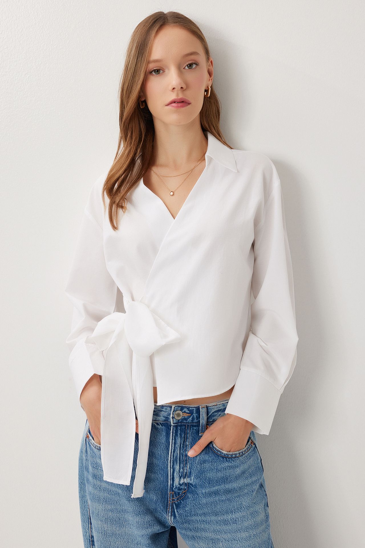 HiCCUP - White Istanbul Double Breasted Poplin Blouse With Tie Detail Women
