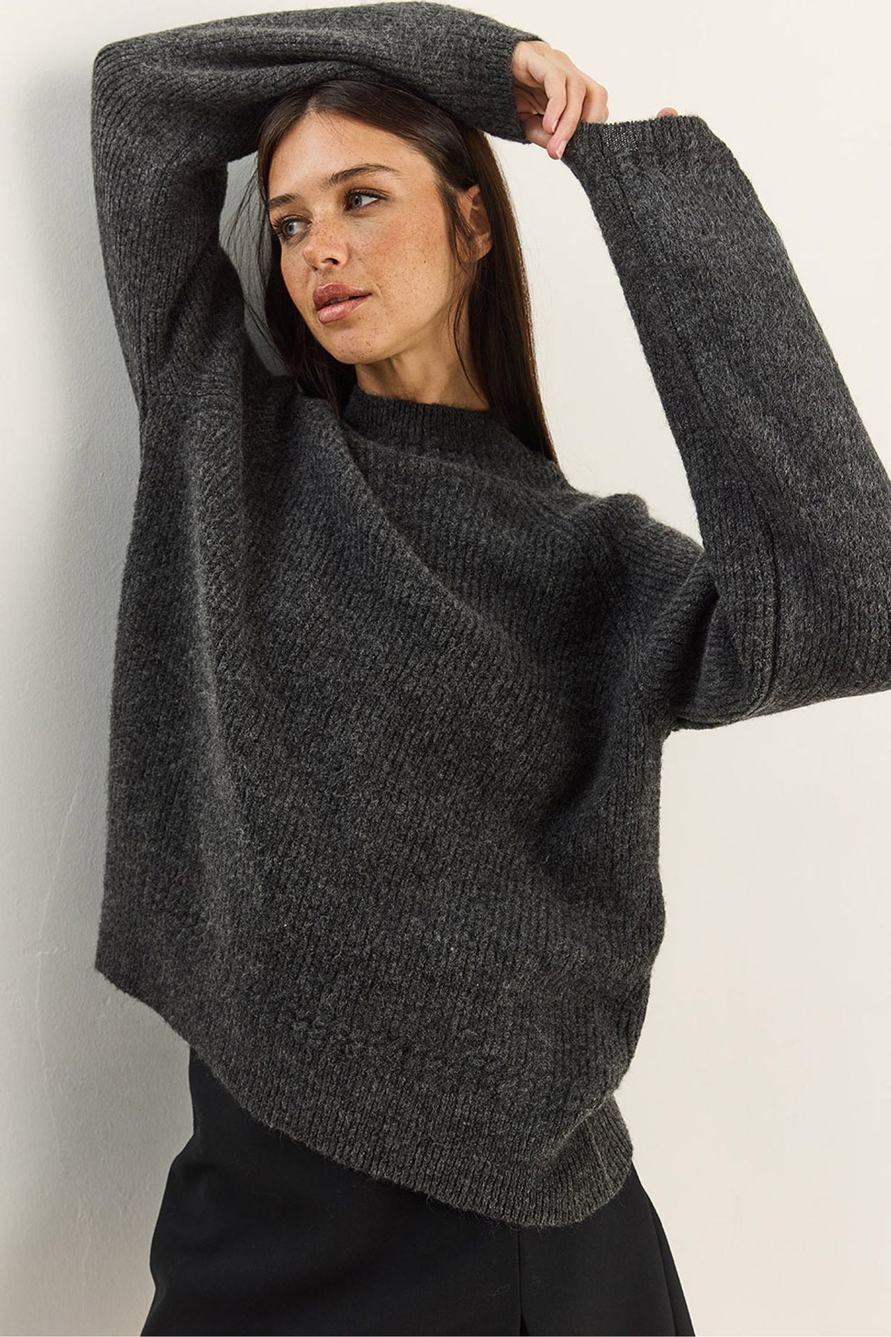 HiCCUP - Charcoal Grey Lucci Oversized Crew Neck Knit Sweater Women