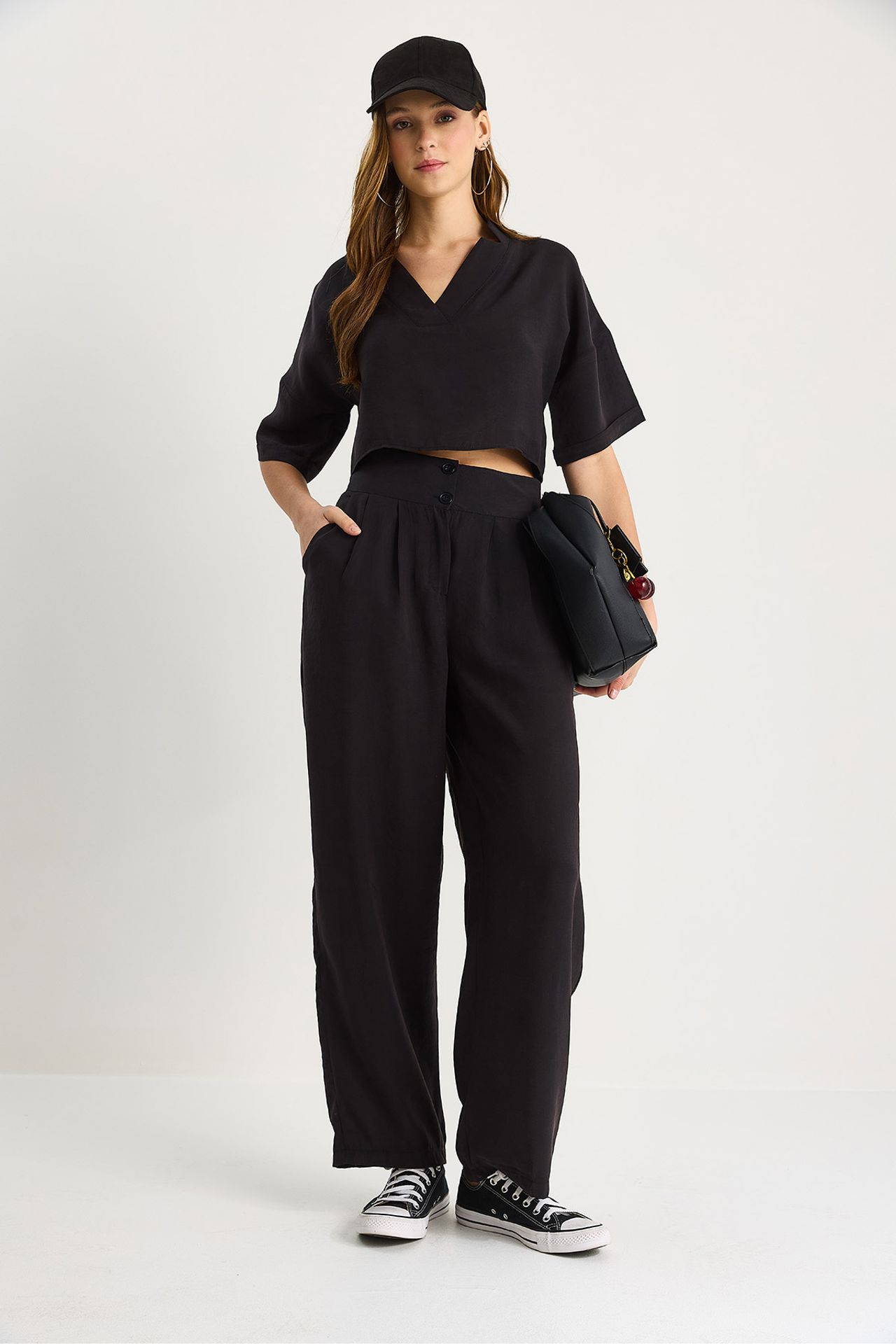 HiCCUP - Black Lucci V-neck Knitted Two-piece Coord Set With Wide Leg ...