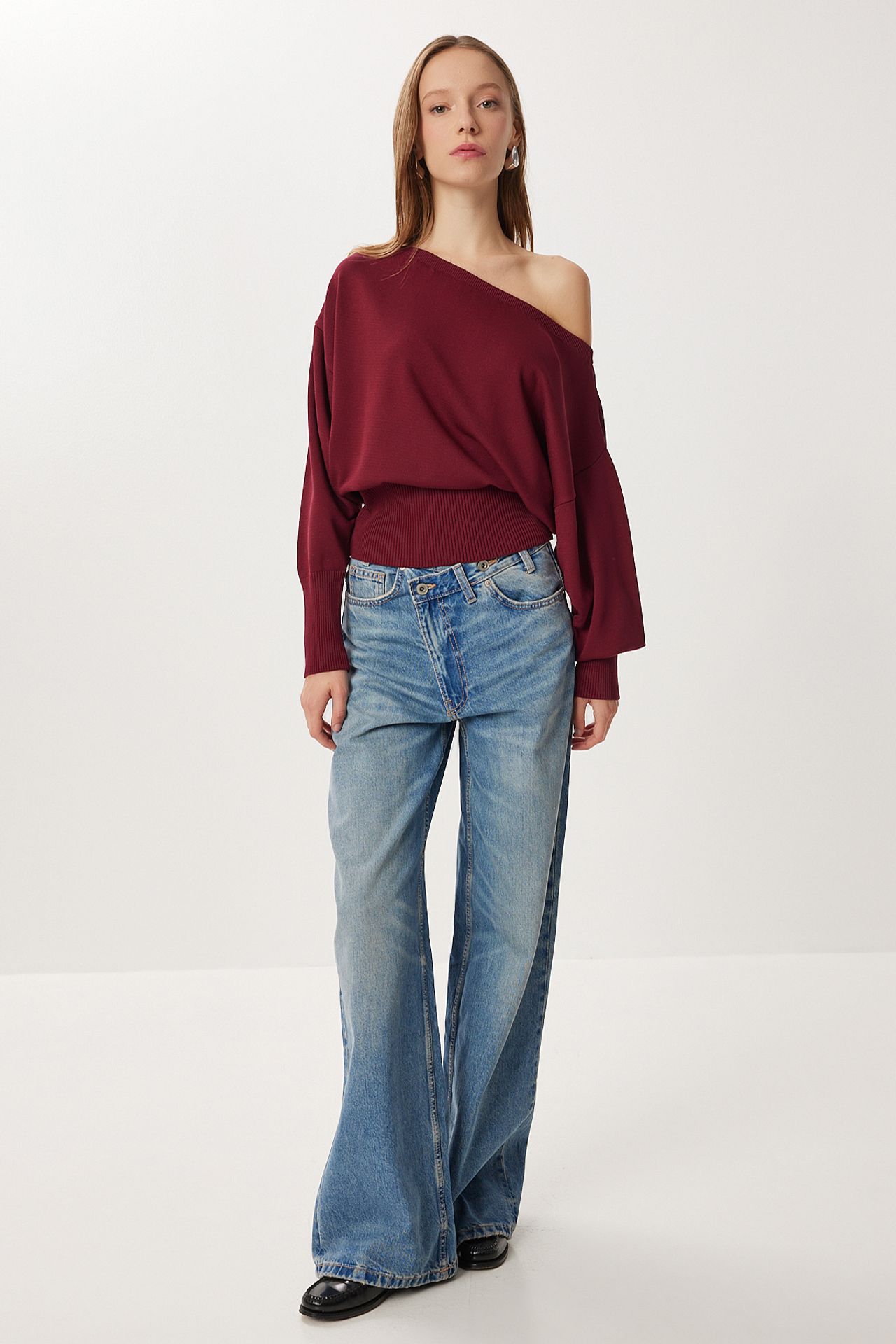 HiCCUP - Burgundy Red Istanbul Asymmetrical Collar Ribbed Knit Sweater ...