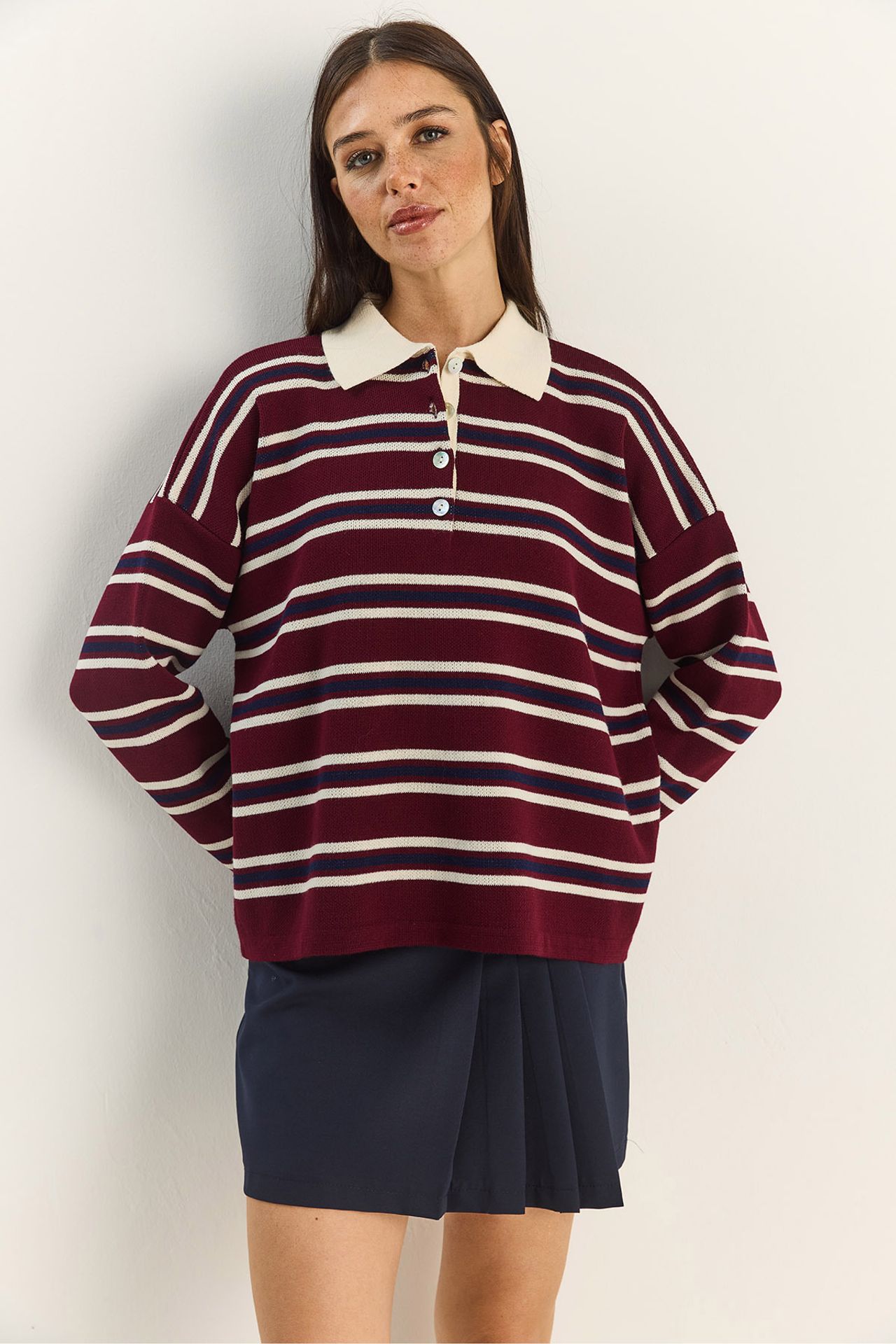 HiCCUP - Burgundy Red Lucci Striped Polo Collar Button Sweater Women