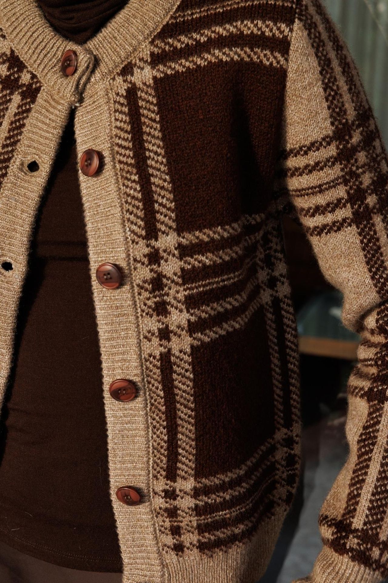 HiCCUP - Beige Natural Mixray Plaid Checkered Knit Cardigan With Button ...