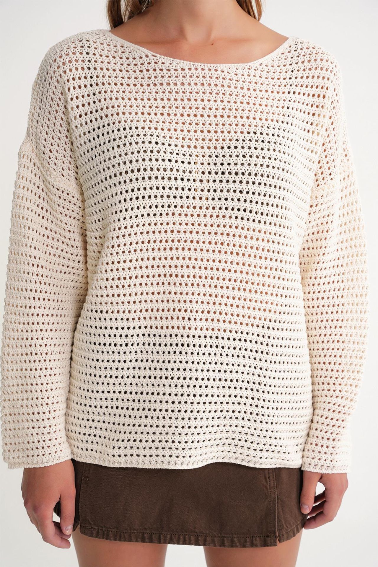 HiCCUP - Natural Mixray Openwork Boat Neck Drop Shoulder Crop Knit Top ...