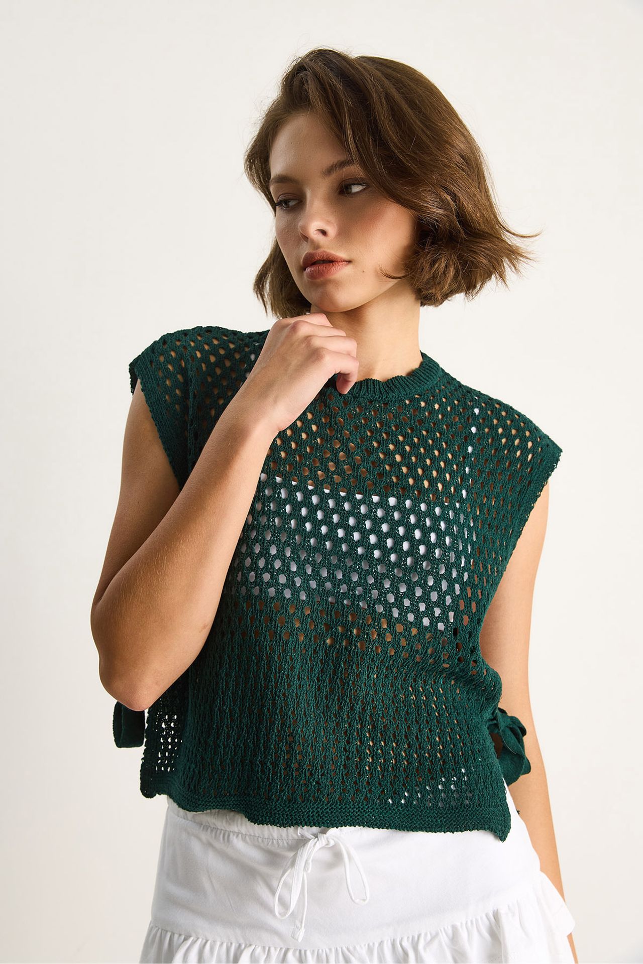 HiCCUP - Green Lucci Textured Loose Fit Crop Sweater Vest With Tie ...