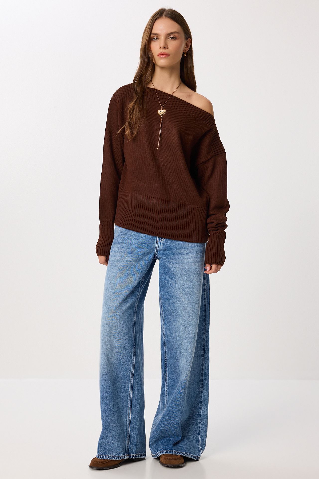 HiCCUP - Mocha Brown Istanbul Boat Neck Ribbed Sweater Women