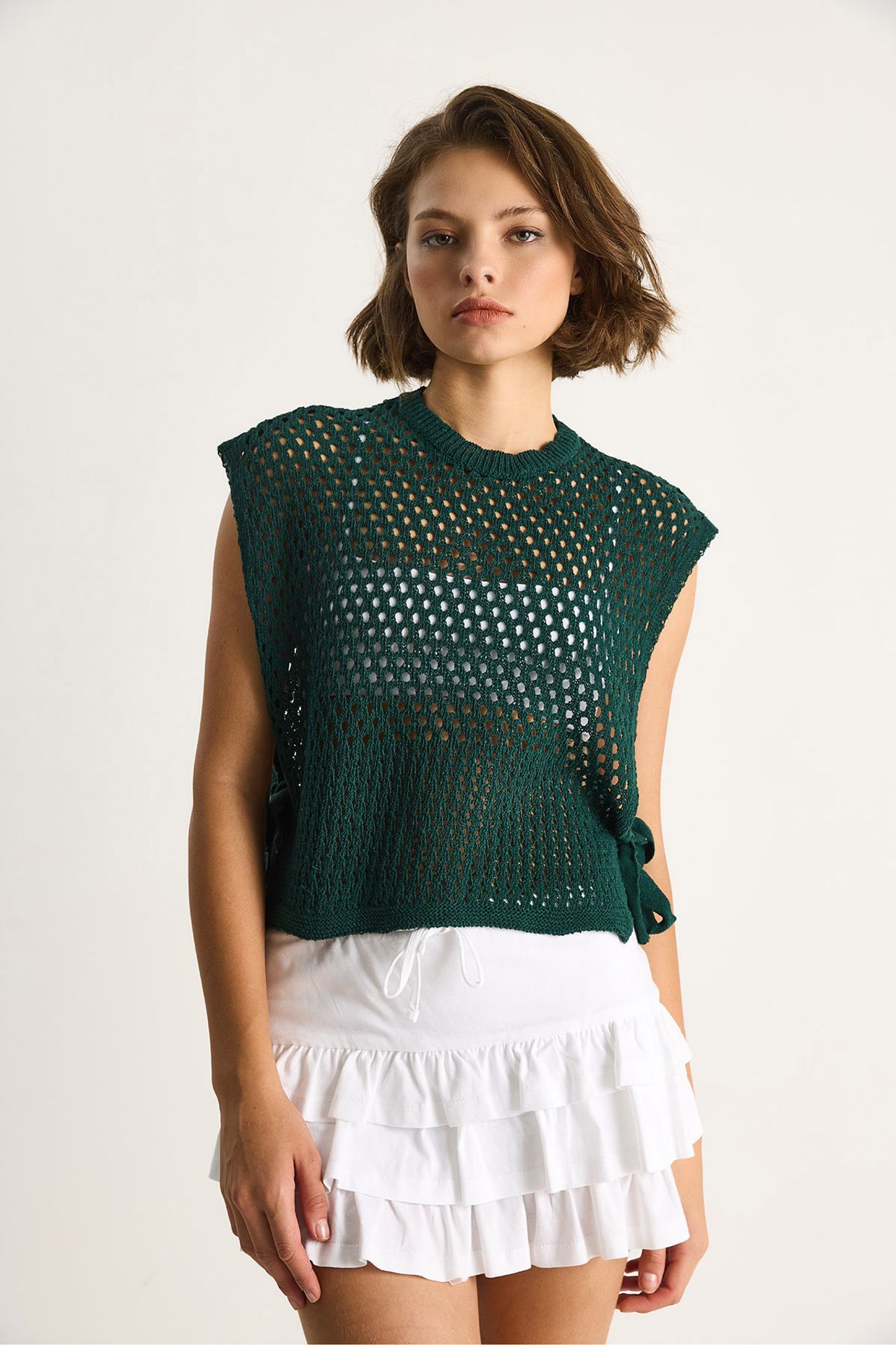 HiCCUP - Green Lucci Textured Loose Fit Crop Sweater Vest With Tie ...