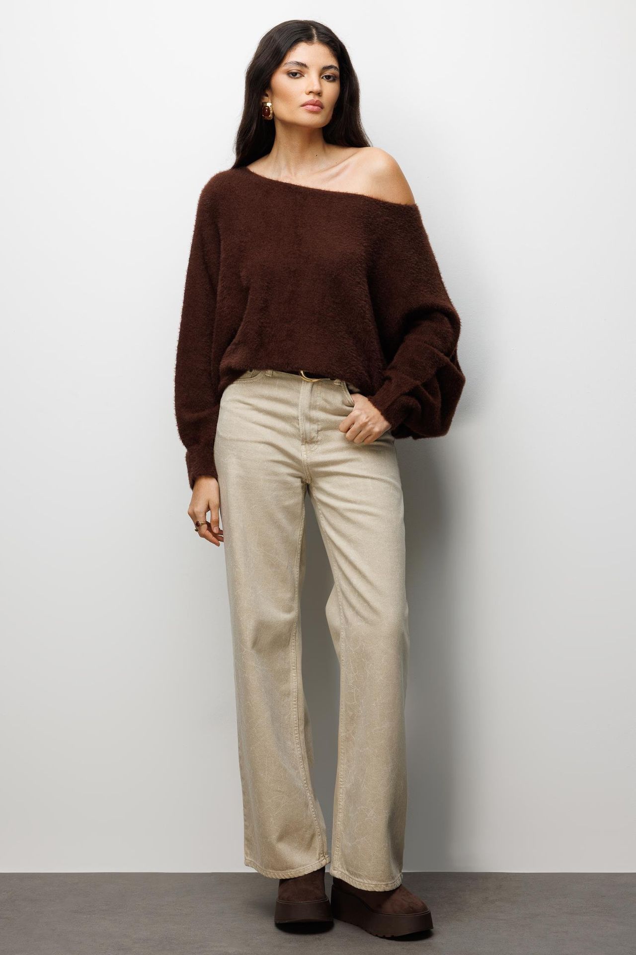 HiCCUP - Coffee Brown Mixray Relaxed Fit Knit Boat Neck Sweater Women