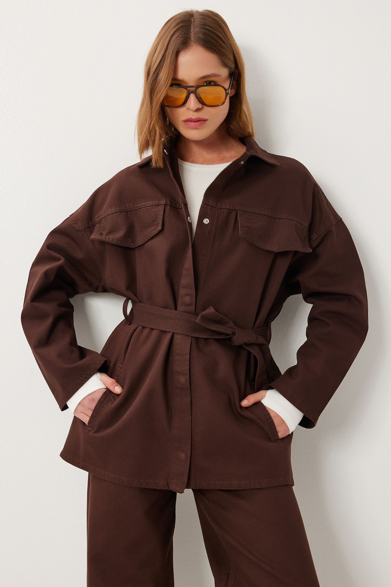 HiCCUP - Mocha Brown Istanbul Jacket & Wide Leg Two-piece Denim Outfit ...