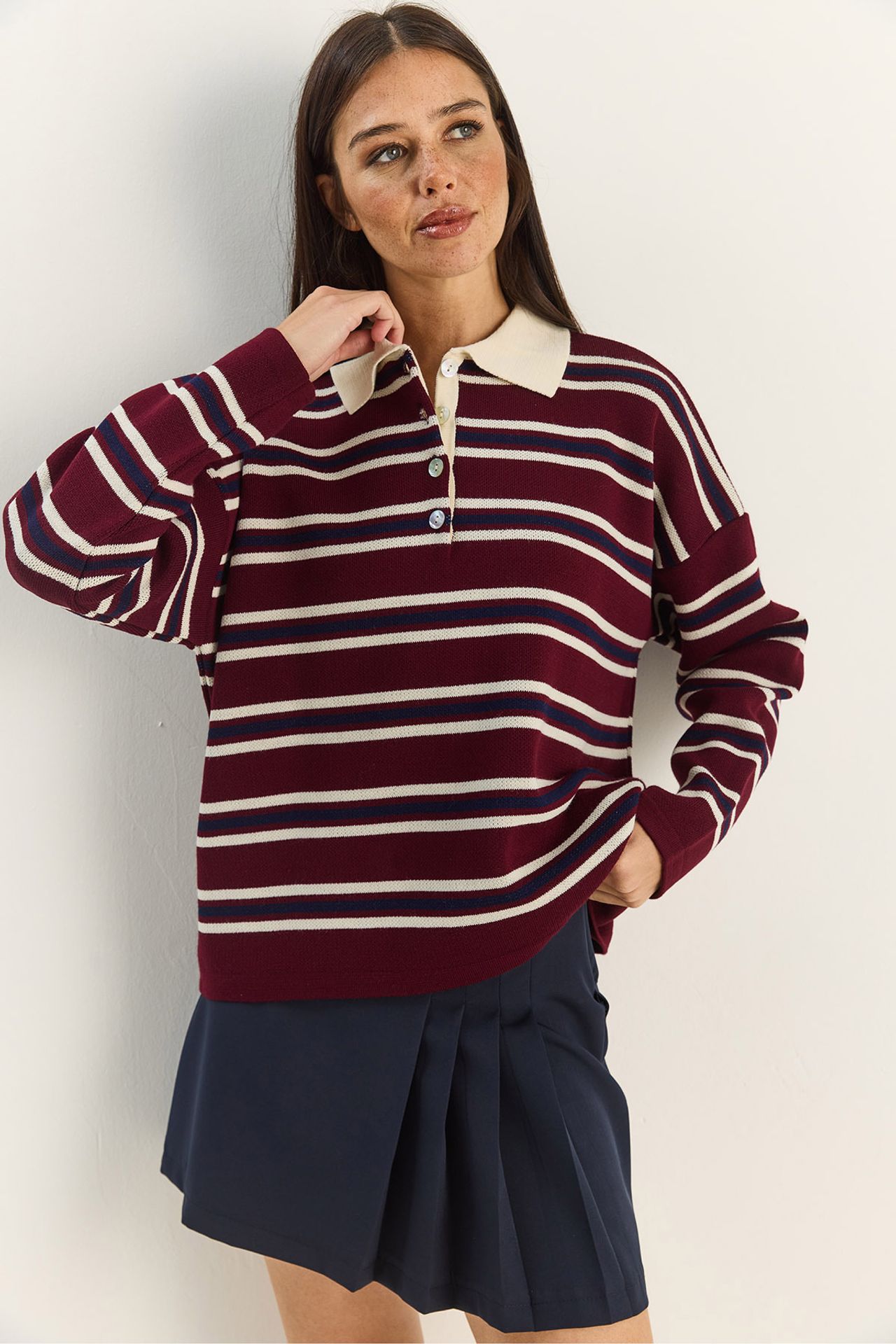 HiCCUP - Burgundy Red Lucci Striped Polo Collar Button Sweater Women