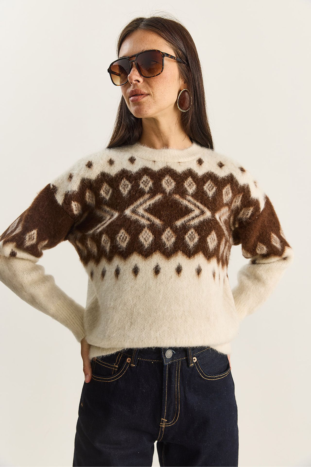 HiCCUP - Brown Lucci Ethnic Pattern Thick Knit Sweater With Crew Neck Women