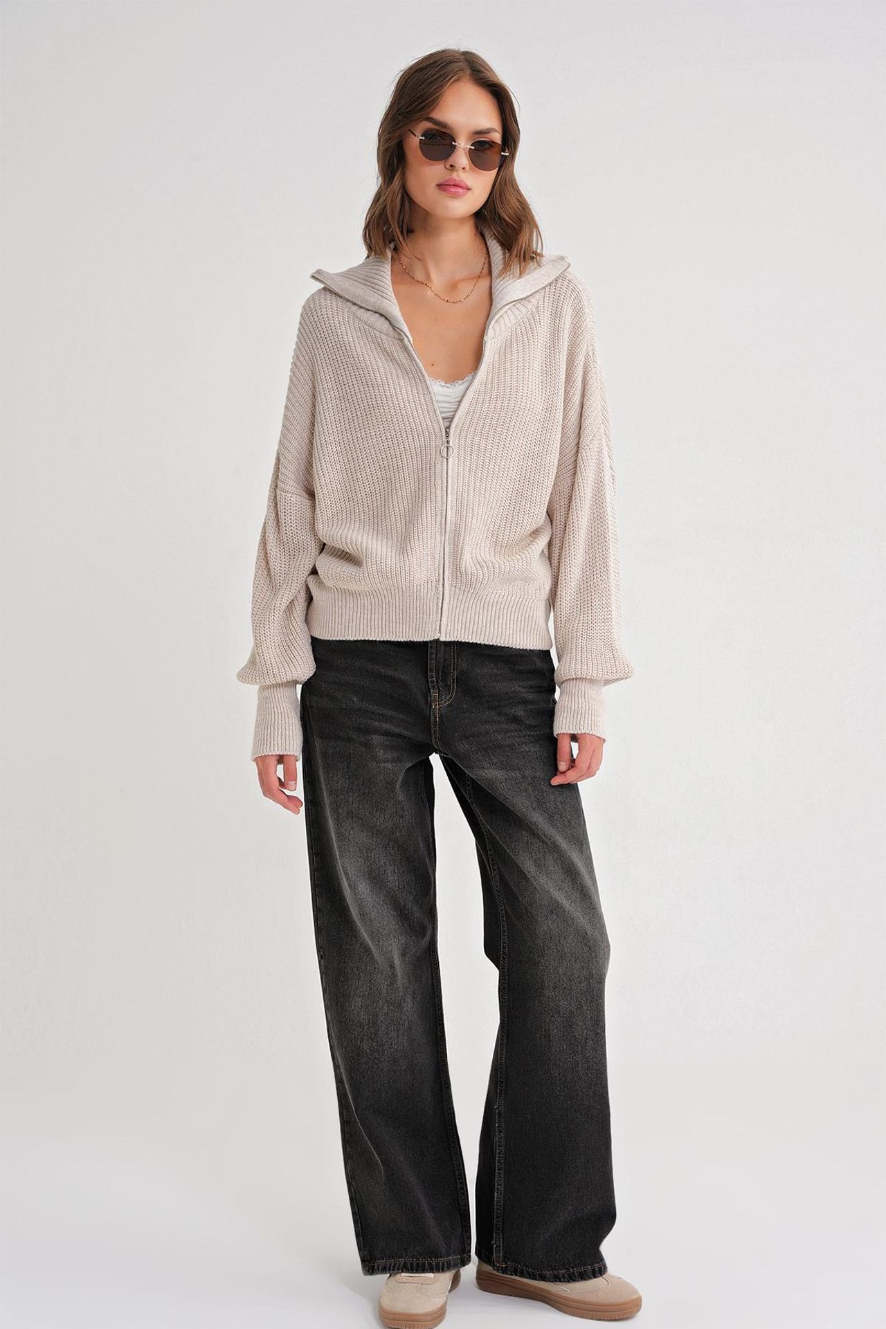 HiCCUP - Stone Natural Mixray Zipped Collar Oversize Textured Knit Cardigan Women