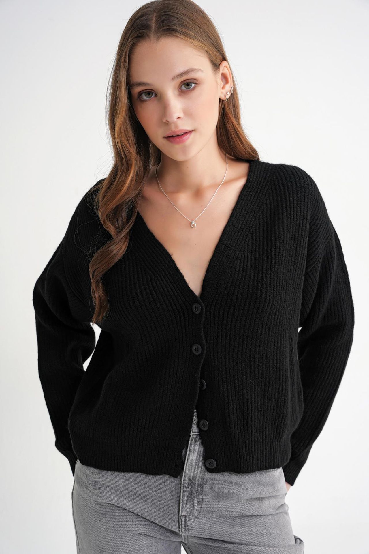 HiCCUP - Black Mixray Textured Loose Fit V-neck Ribbed Button Cardigan Women