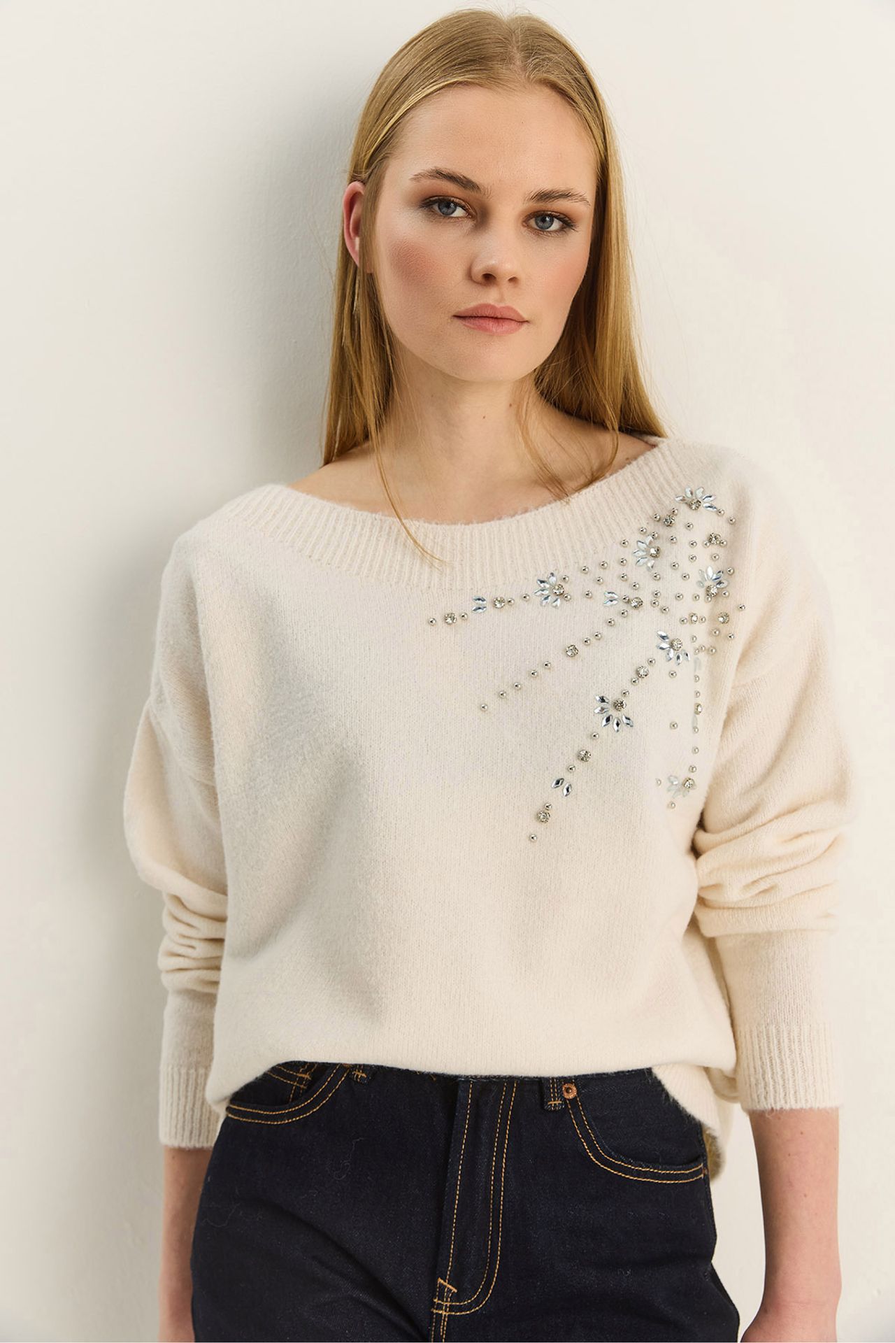 HiCCUP - Cream Natural Lucci Embroidered Boat Neck Sweater Women