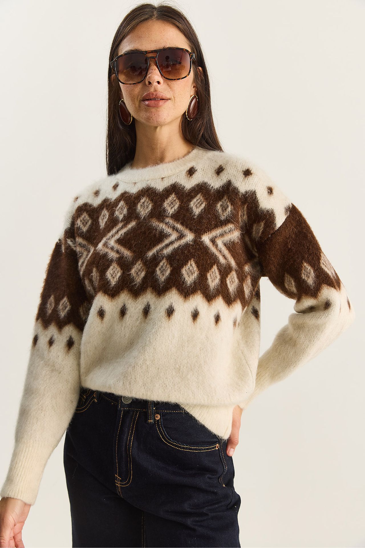 HiCCUP - Brown Lucci Ethnic Pattern Thick Knit Sweater With Crew Neck Women