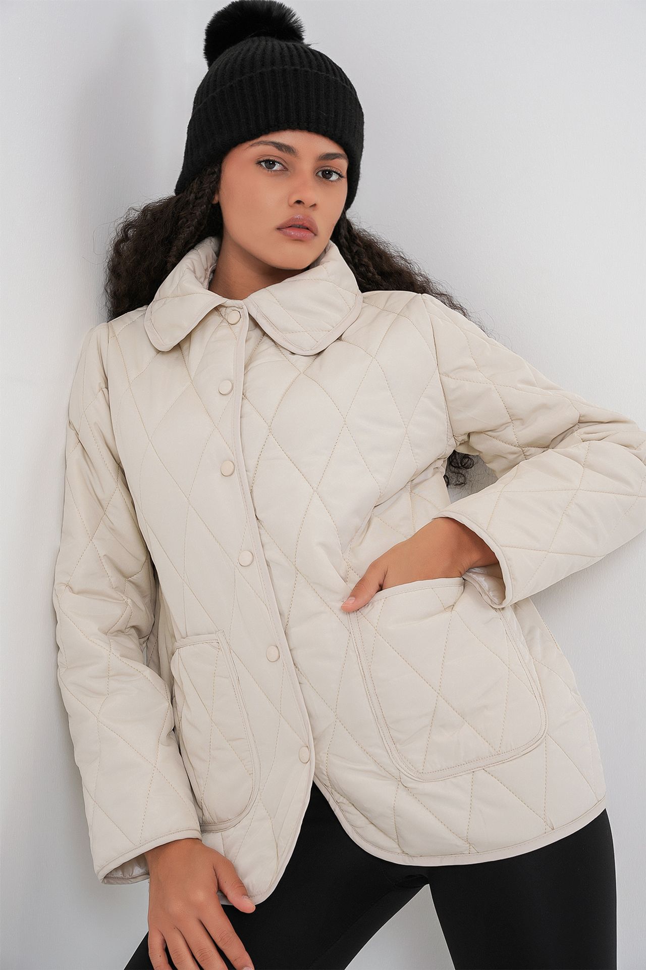 HiCCUP - Ivory Natural Bdart Textured Puffer Down Coat With Collar ...