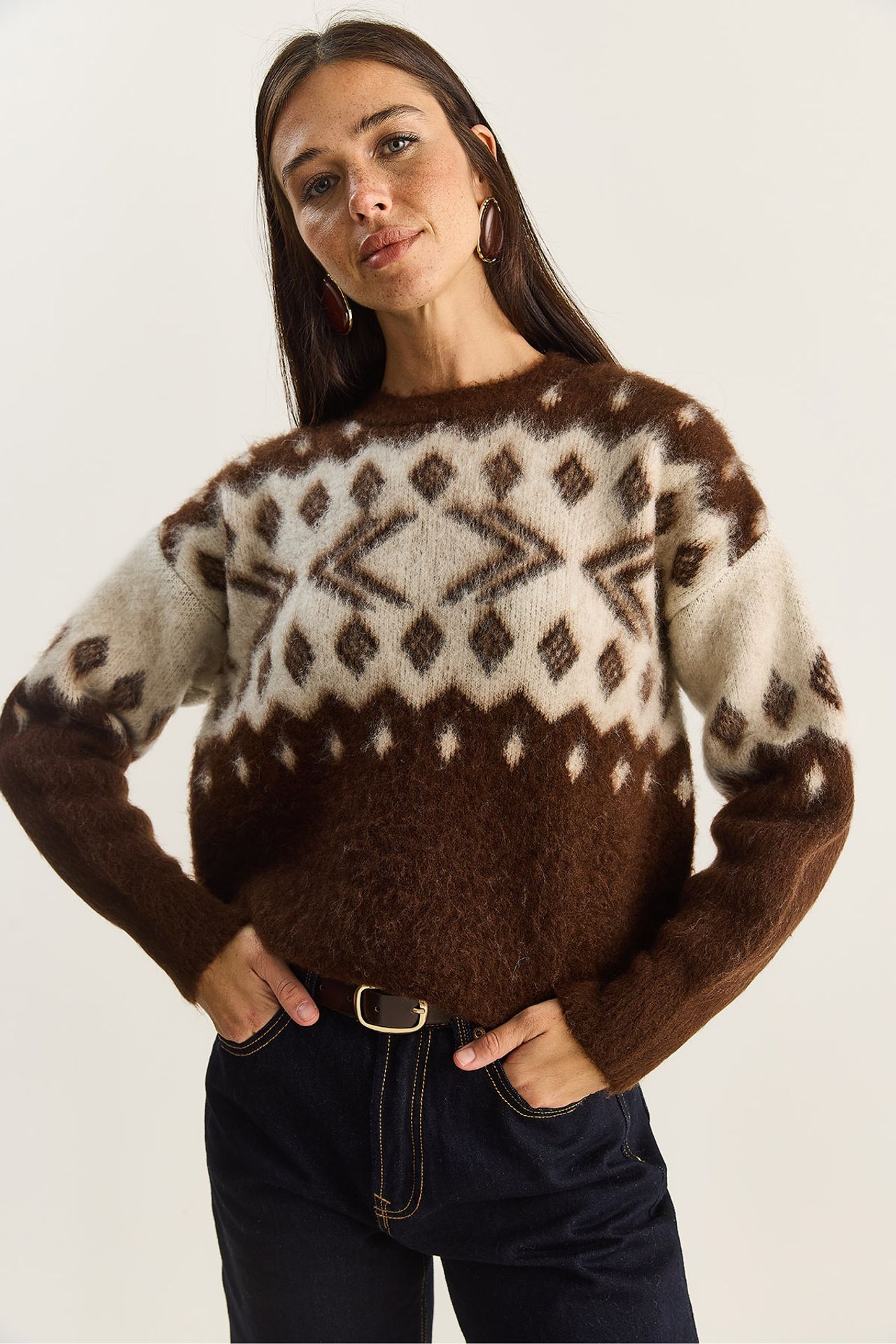 HiCCUP - Natural Lucci Ethnic Pattern Thick Knit Sweater With Crew Neck ...