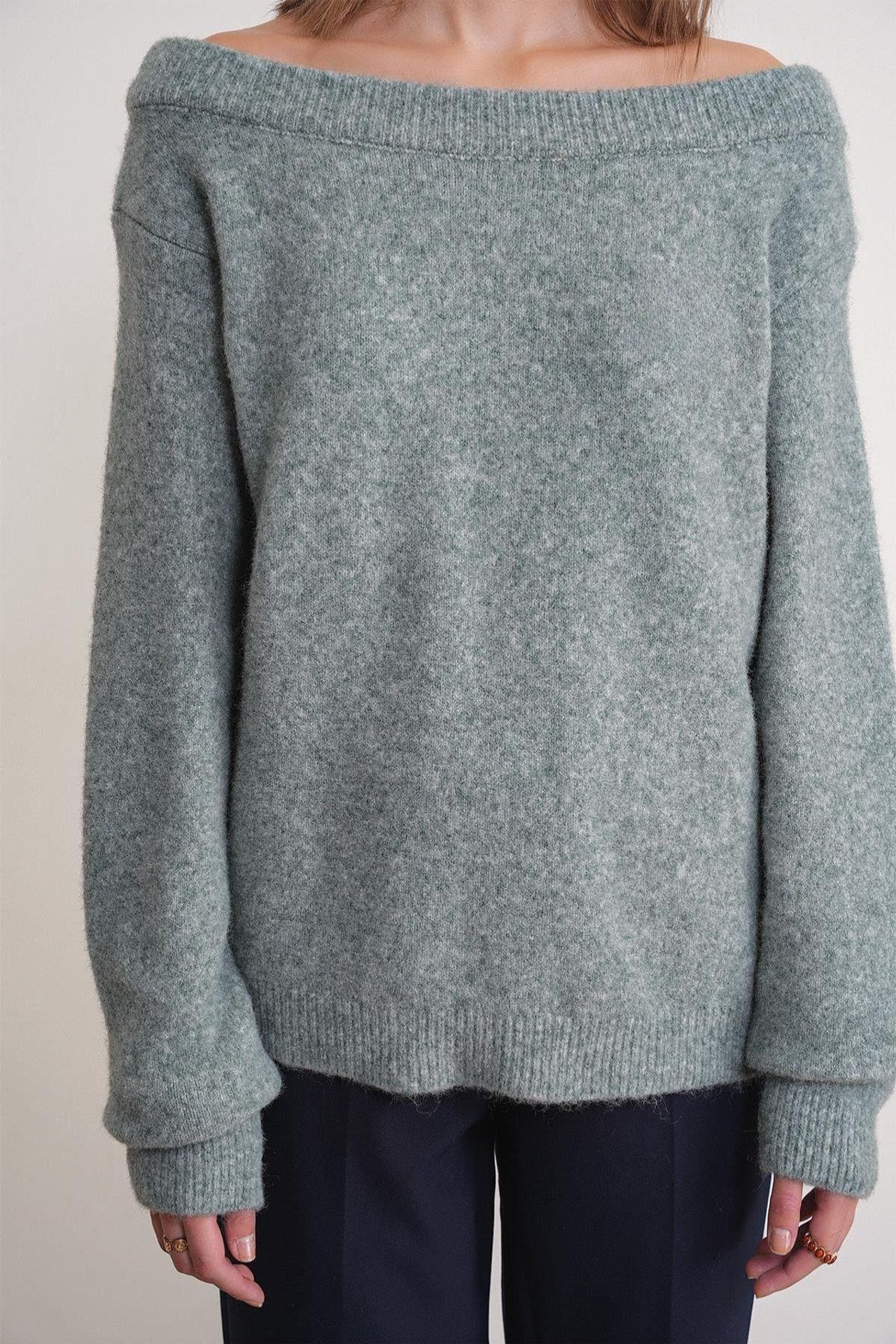 HiCCUP - Pine Green Mixray Asymmetrical Collar Relaxed Fit Sweater Women