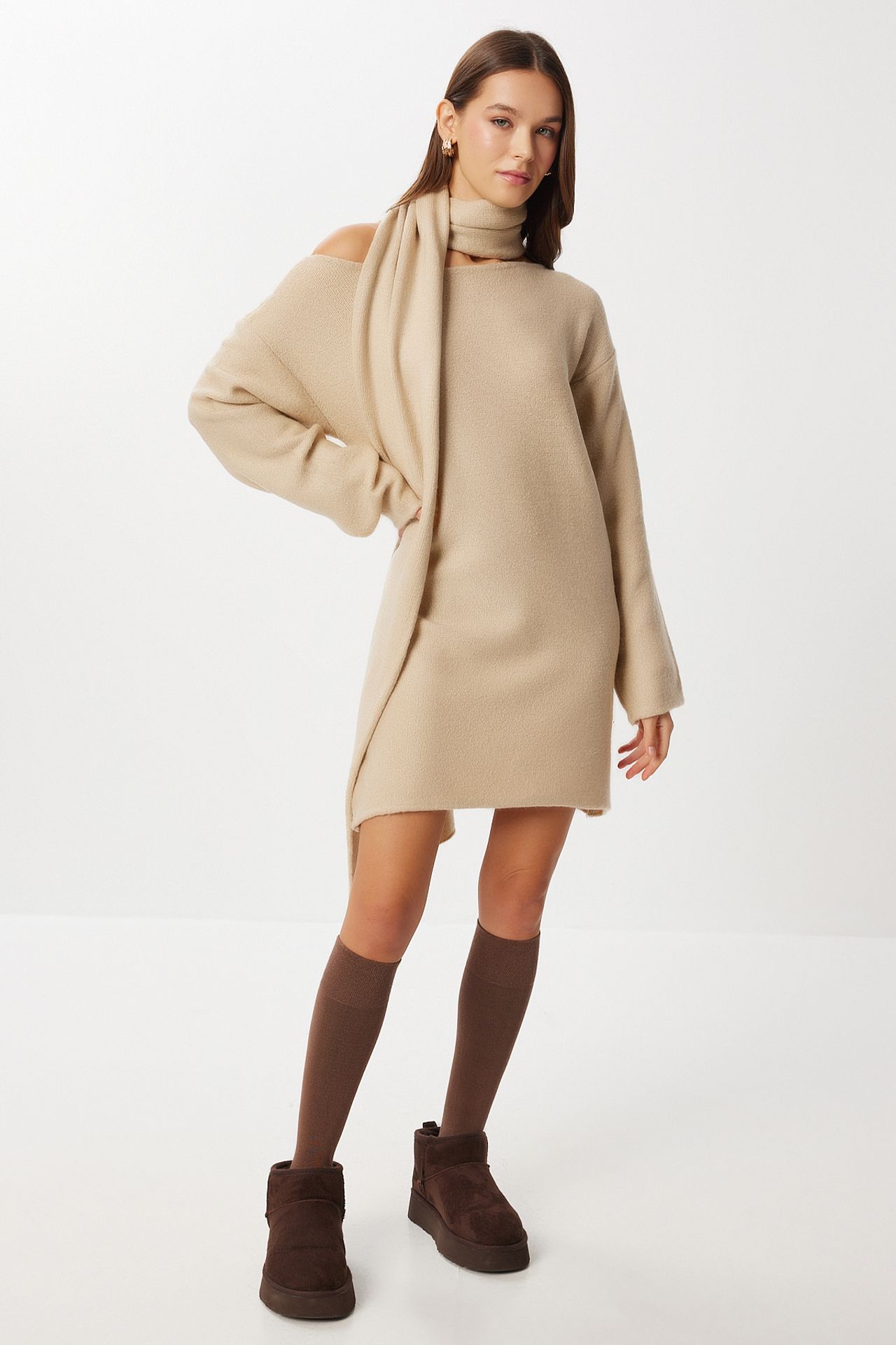 HiCCUP - Beige Natural Istanbul Oversized Boat Neck Sweater With Scarf ...